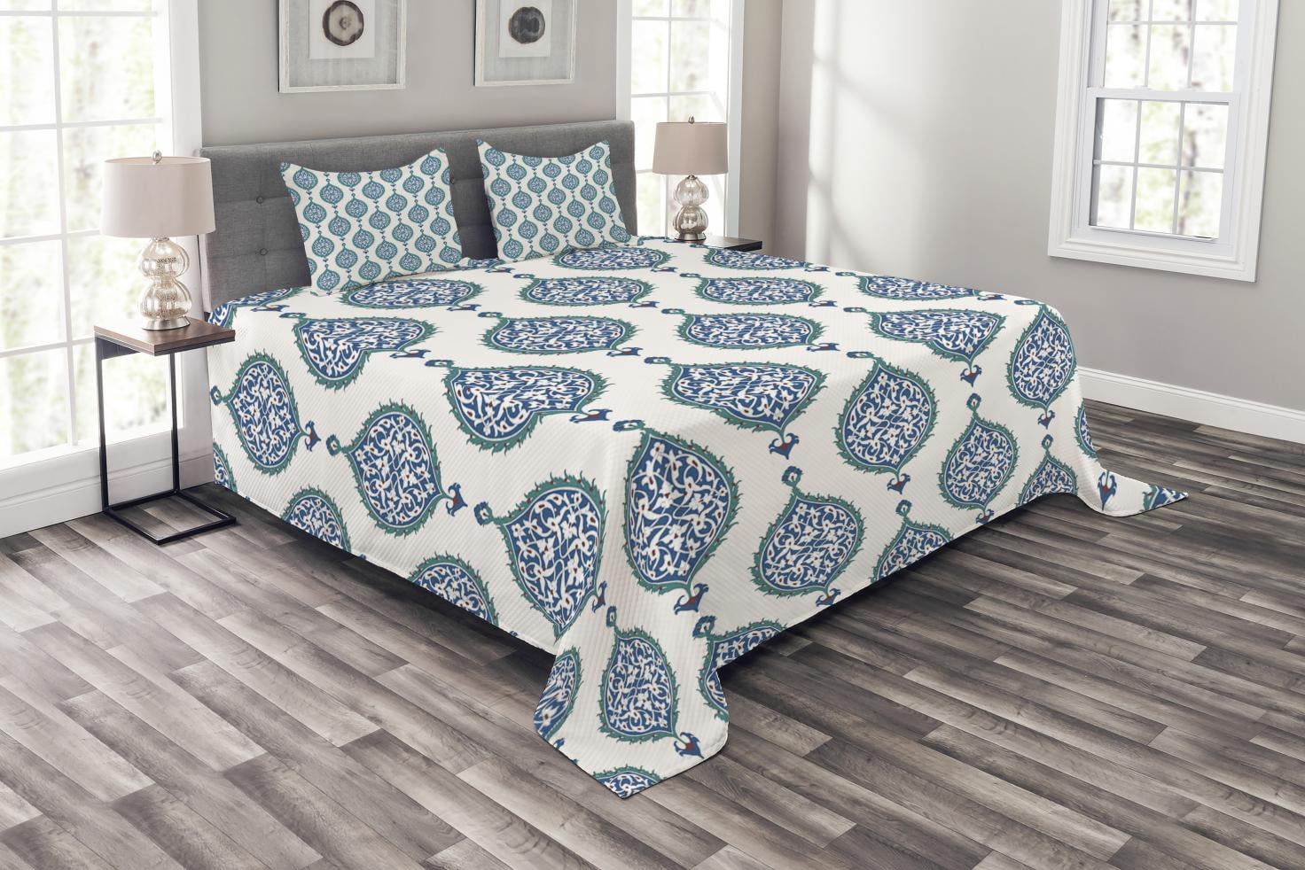 Ambesonne Turkish Pattern Quilted Bedspread Set 3 Pcs, Eastern Curly ...