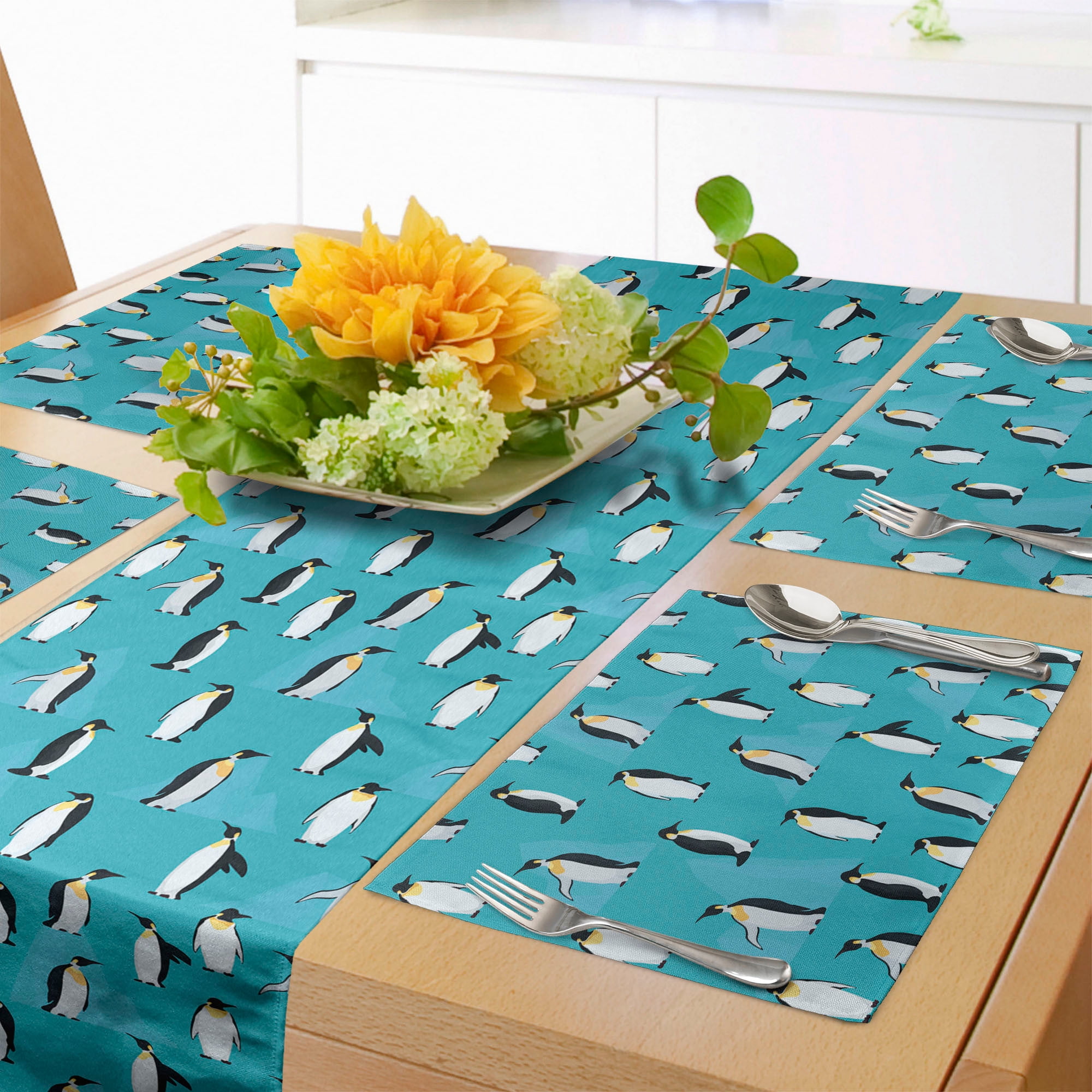 Ambesonne Turquoise Blue Table Runner & Placemats, Penguins, Placemat 4 ...