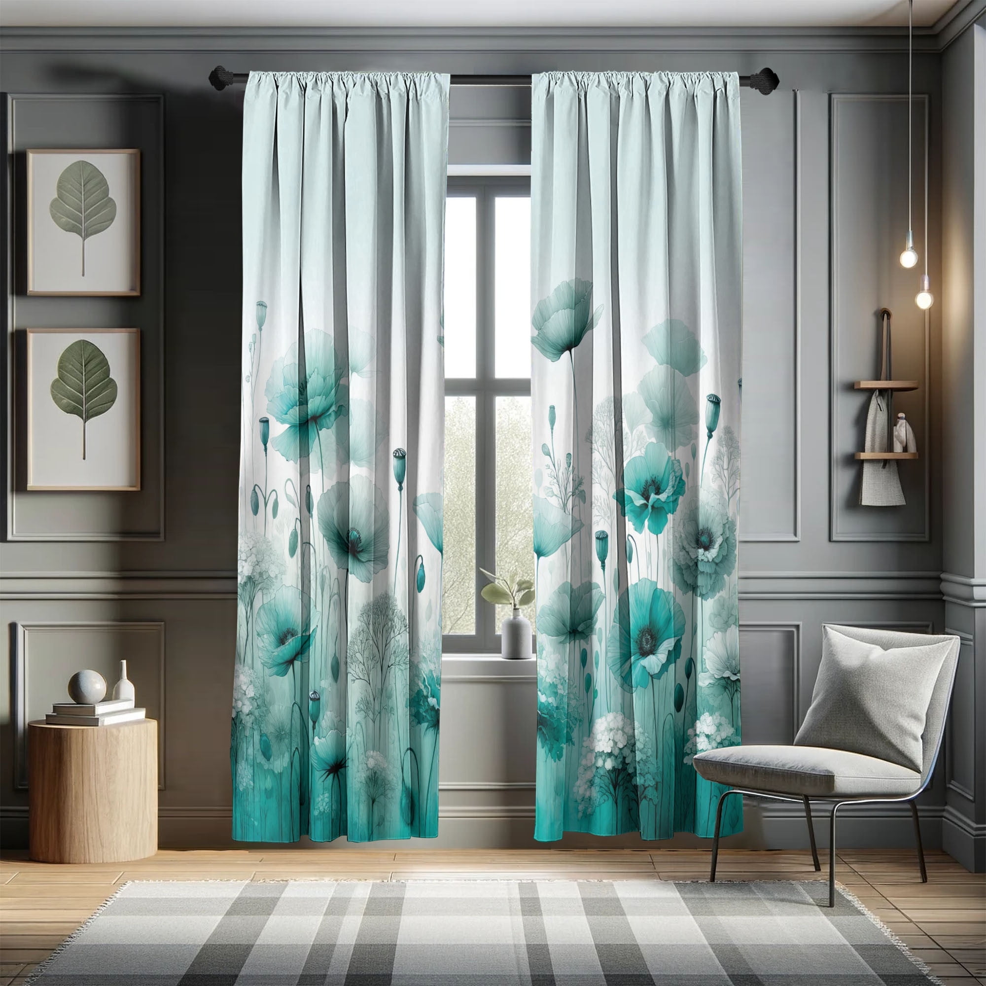 Ambesonne Turquoise Curtains, Chill Flowering Poppy Art, Pair of 28"x84", Mint Green Seafoam ...
