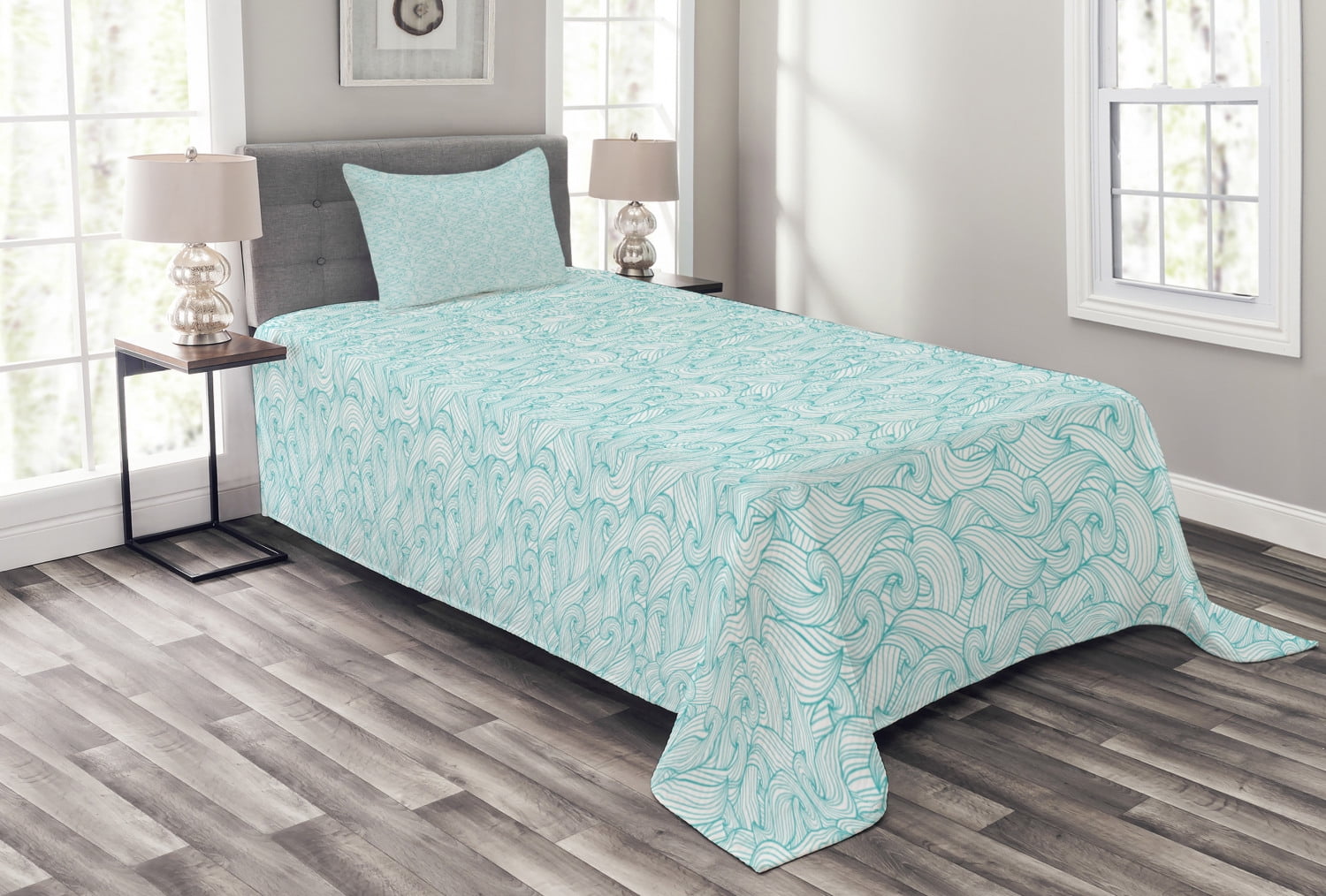 Ambesonne Turquoise Quilted Bedspread Set 2 Pcs, Ocean Waves Summer ...