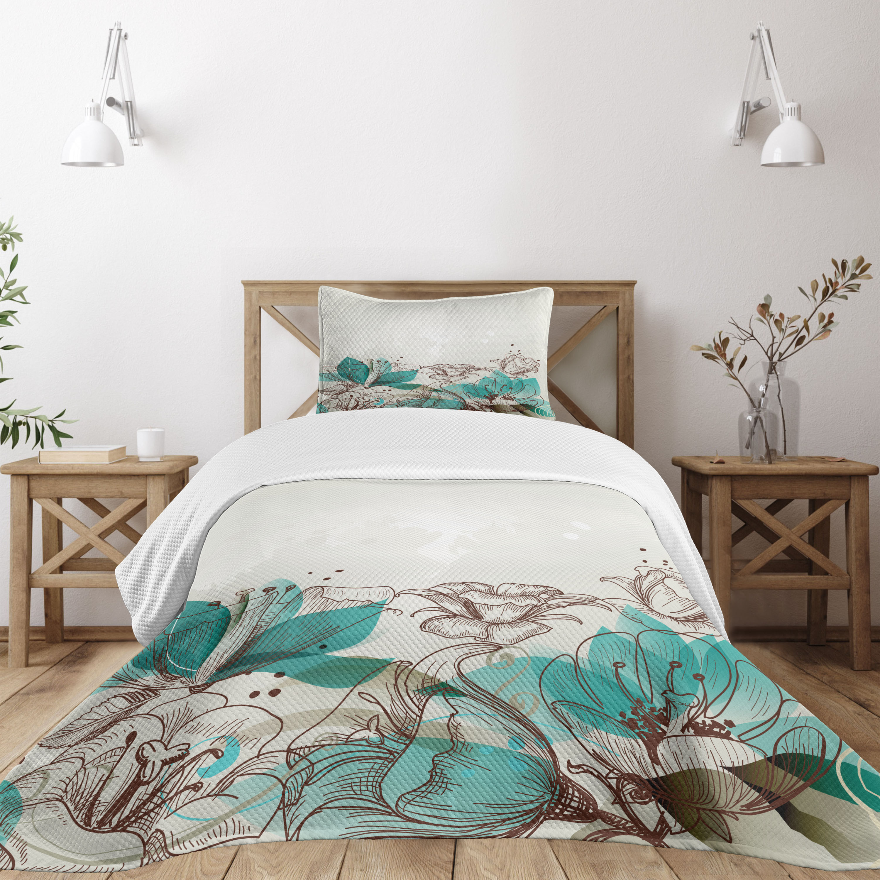 Ambesonne Turquoise Quilted Bedspread Set 2 Pcs, Retro Hibiscus Art ...