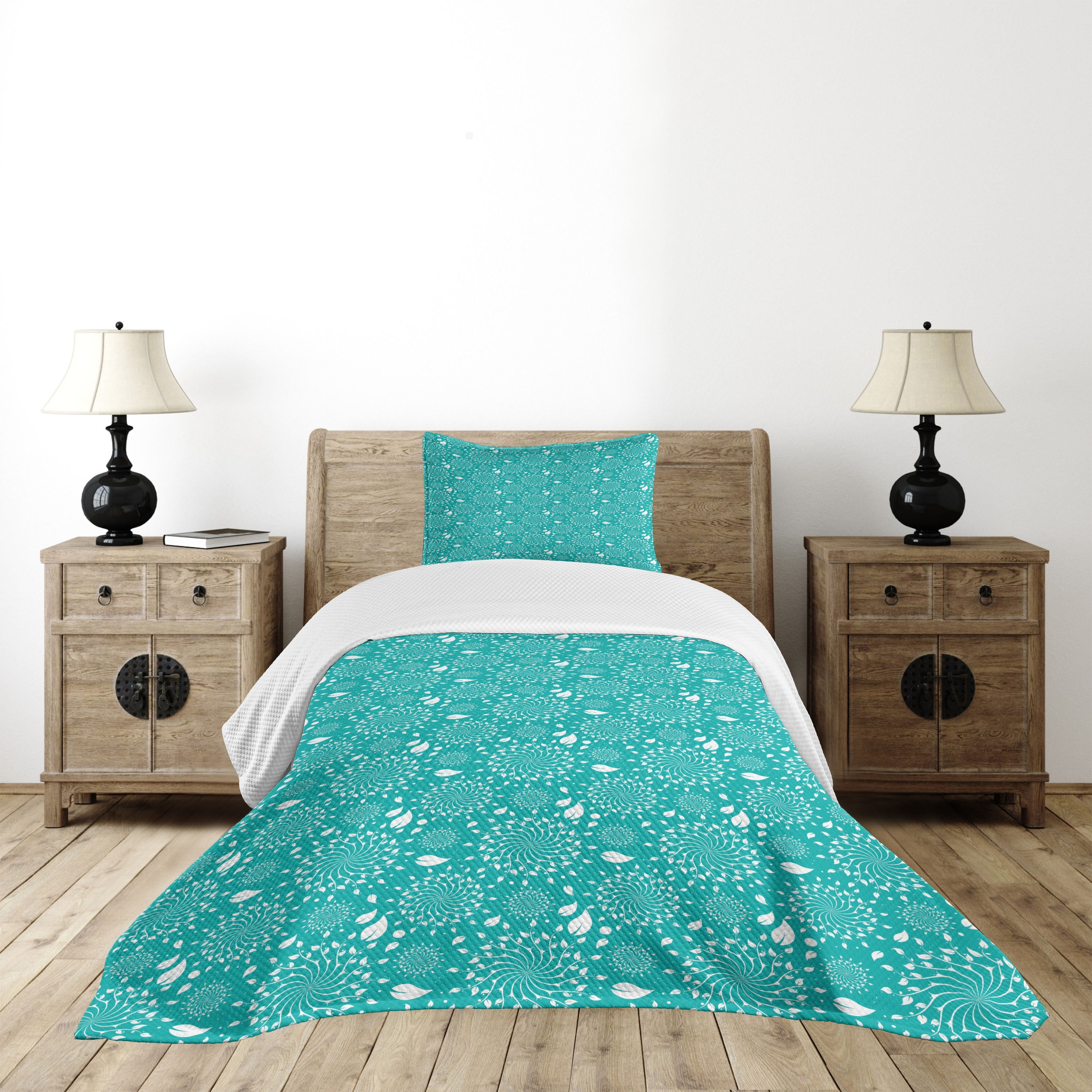 Ambesonne Turquoise Quilted Bedspread Set 2 Pcs, Stalks and Dots ...