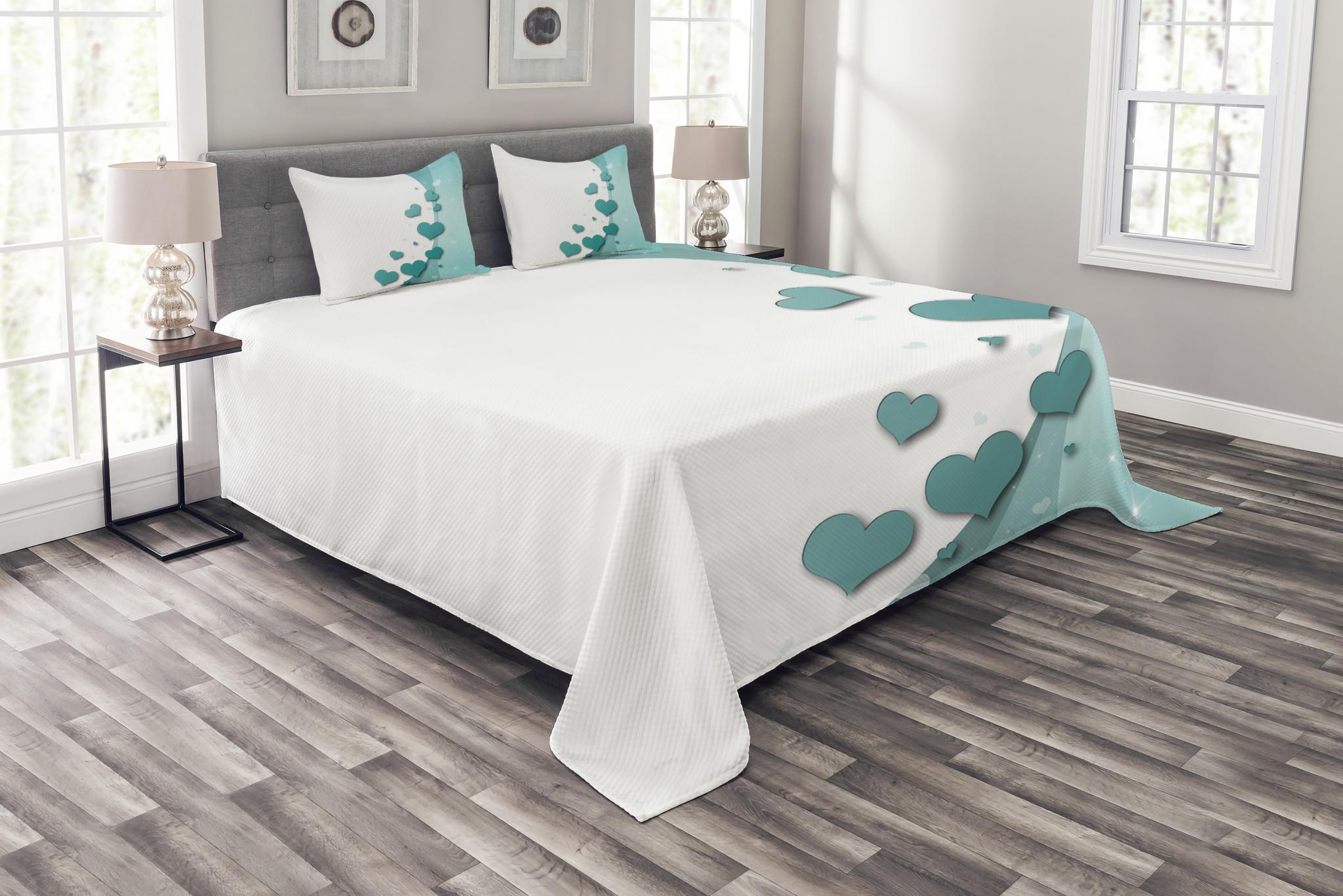 Ambesonne Turquoise Quilted Bedspread Set 3 Pcs, Hearts Valentines ...