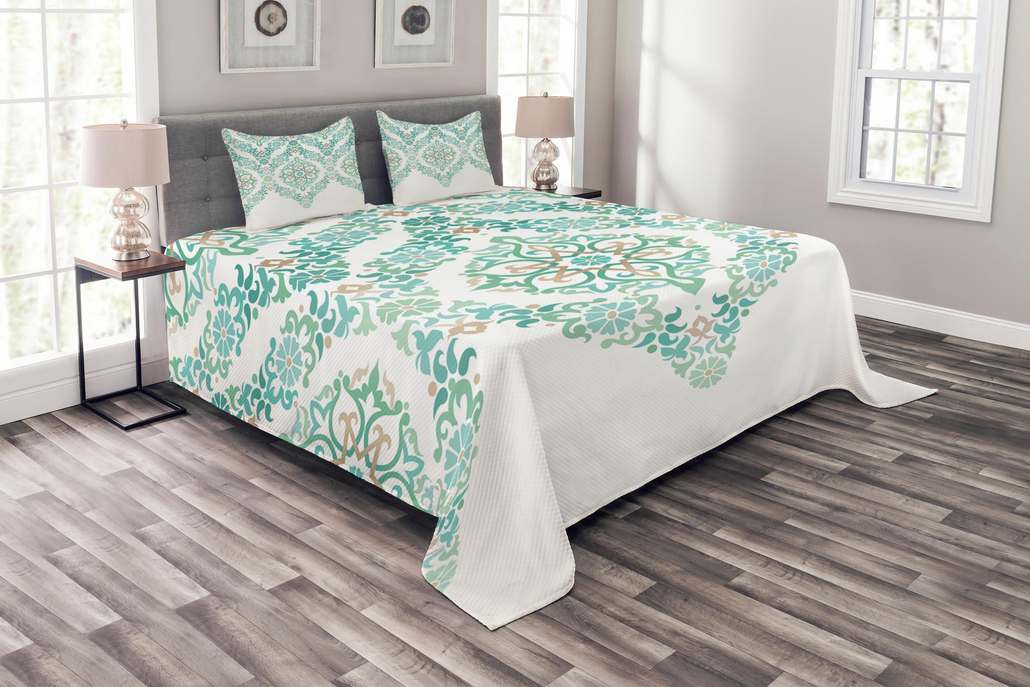 Ambesonne Turquoise Quilted Bedspread Set 3 Pcs, Vintage Floral Boho ...