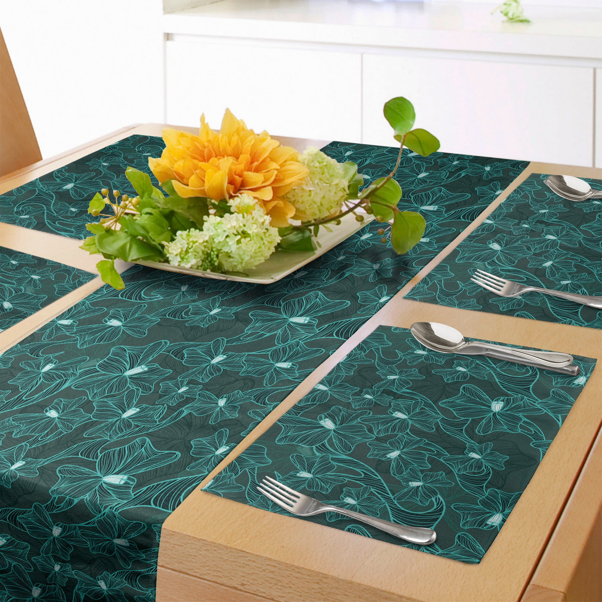 Ambesonne Turquoise Table Runner & Placemats, Baroque Inspired Foliage ...