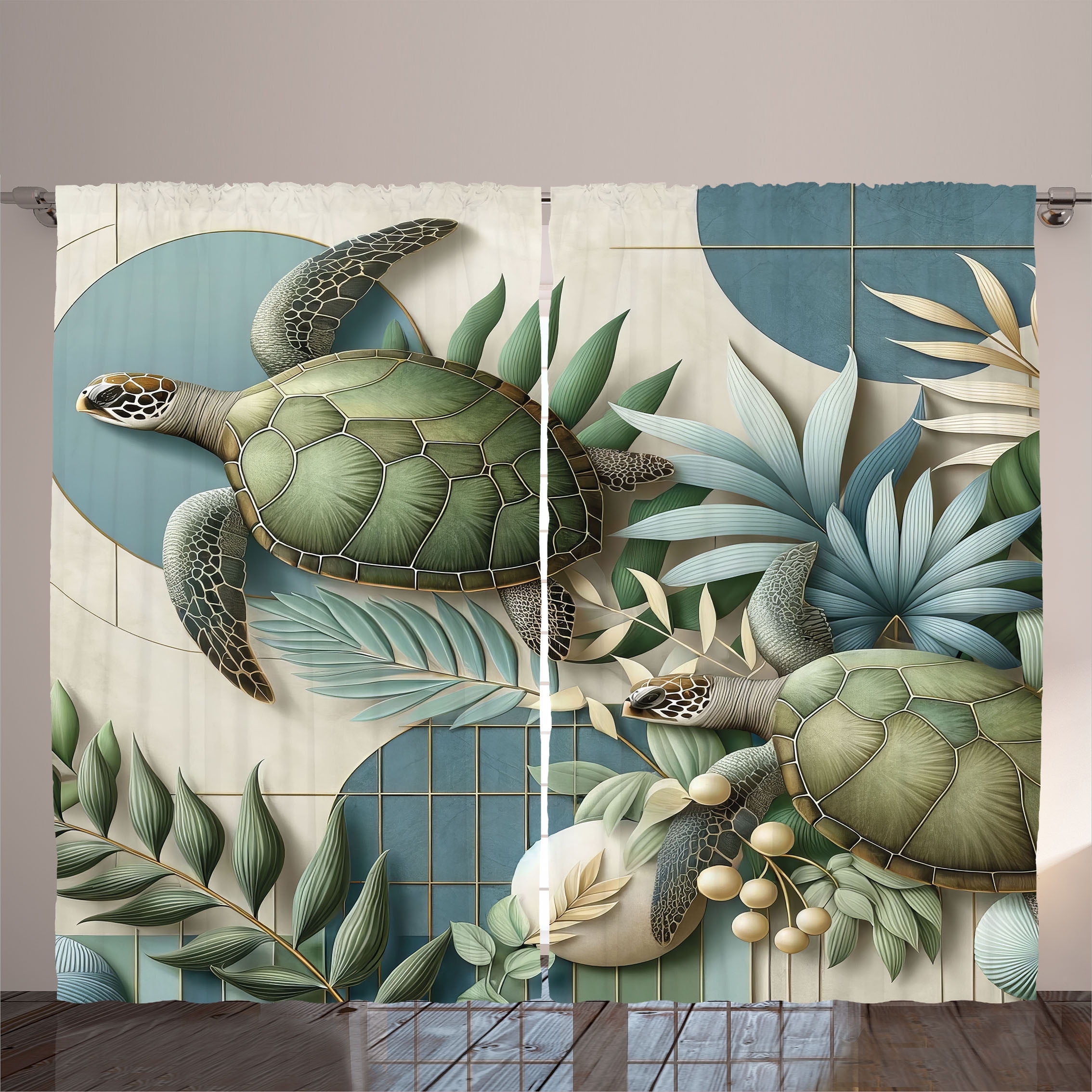 Ambesonne Turtle Curtains 2 Panel Set, Mid Century Modern Marine, 108 ...