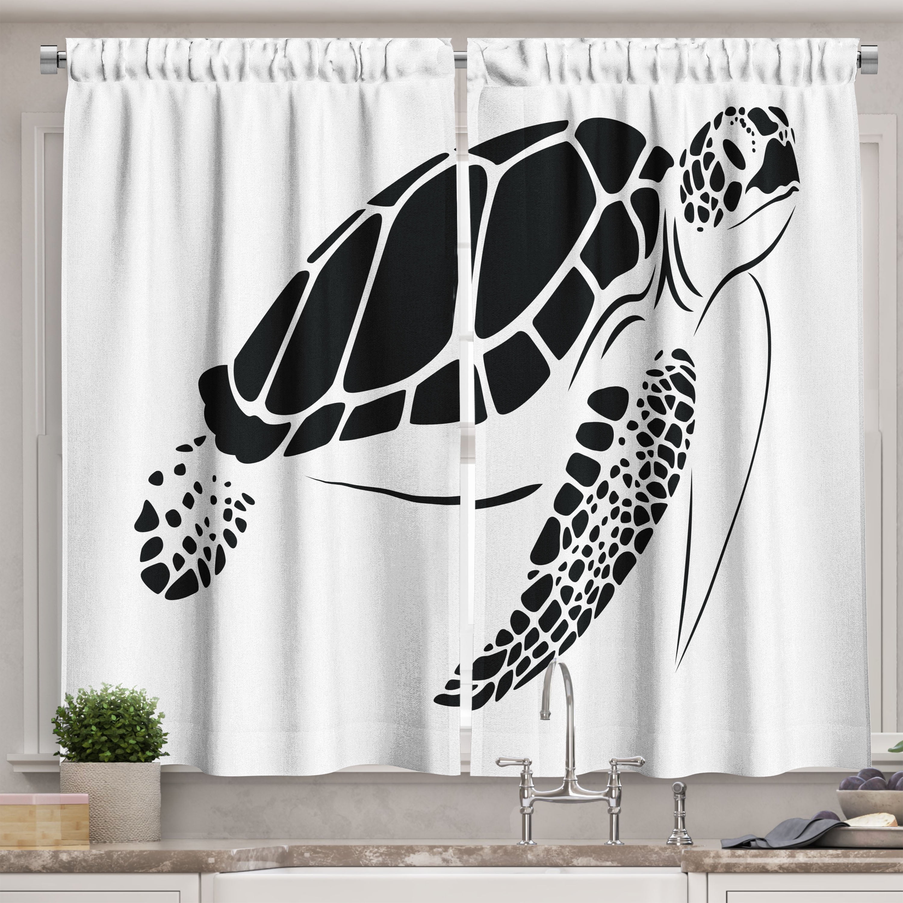 Ambesonne Turtle Kitchen Curtains, Monotone Caretta Caretta, 55"x39 ...