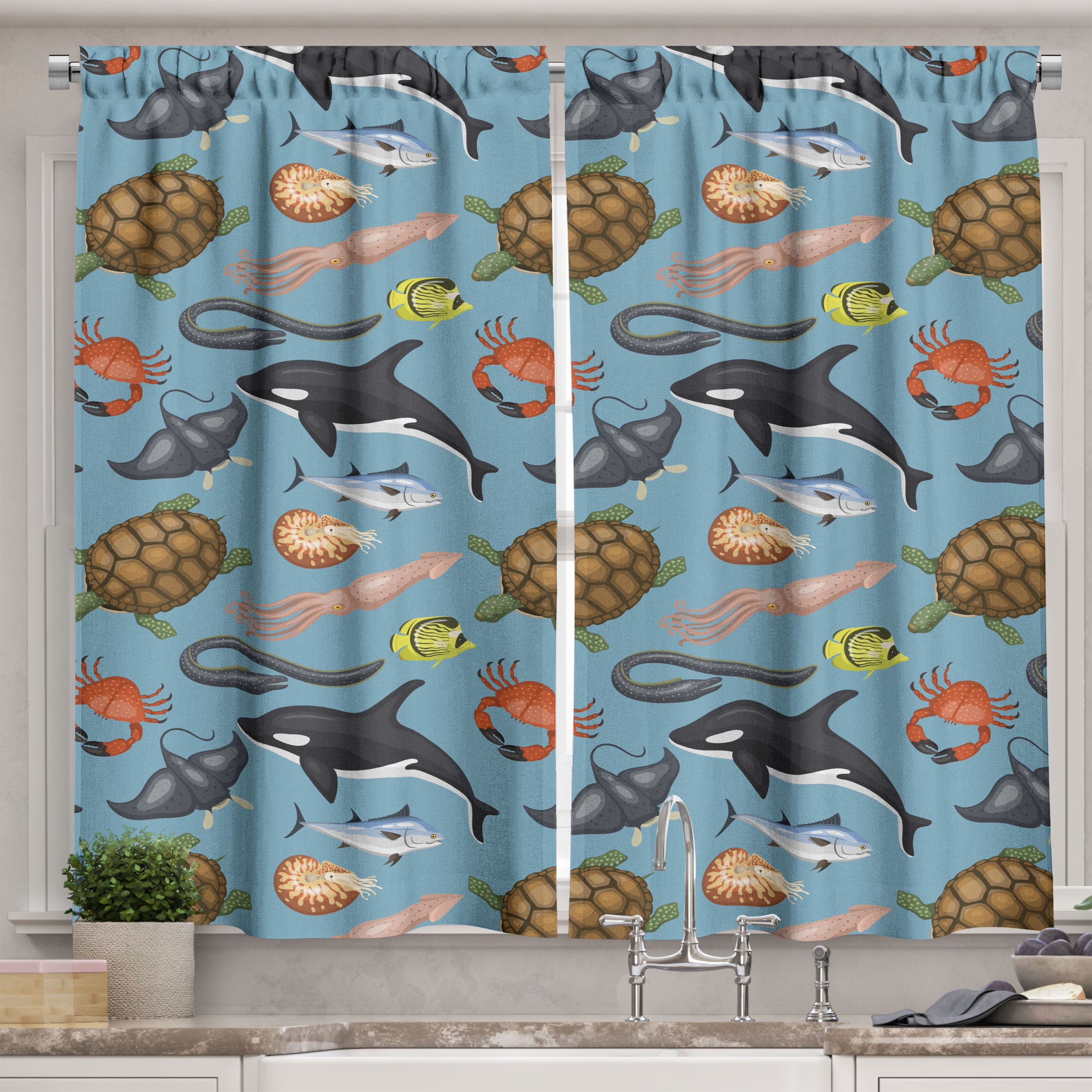 Ambesonne Turtle Kitchen Curtains, Sea Animals Underwater Scene, 55"x45 ...
