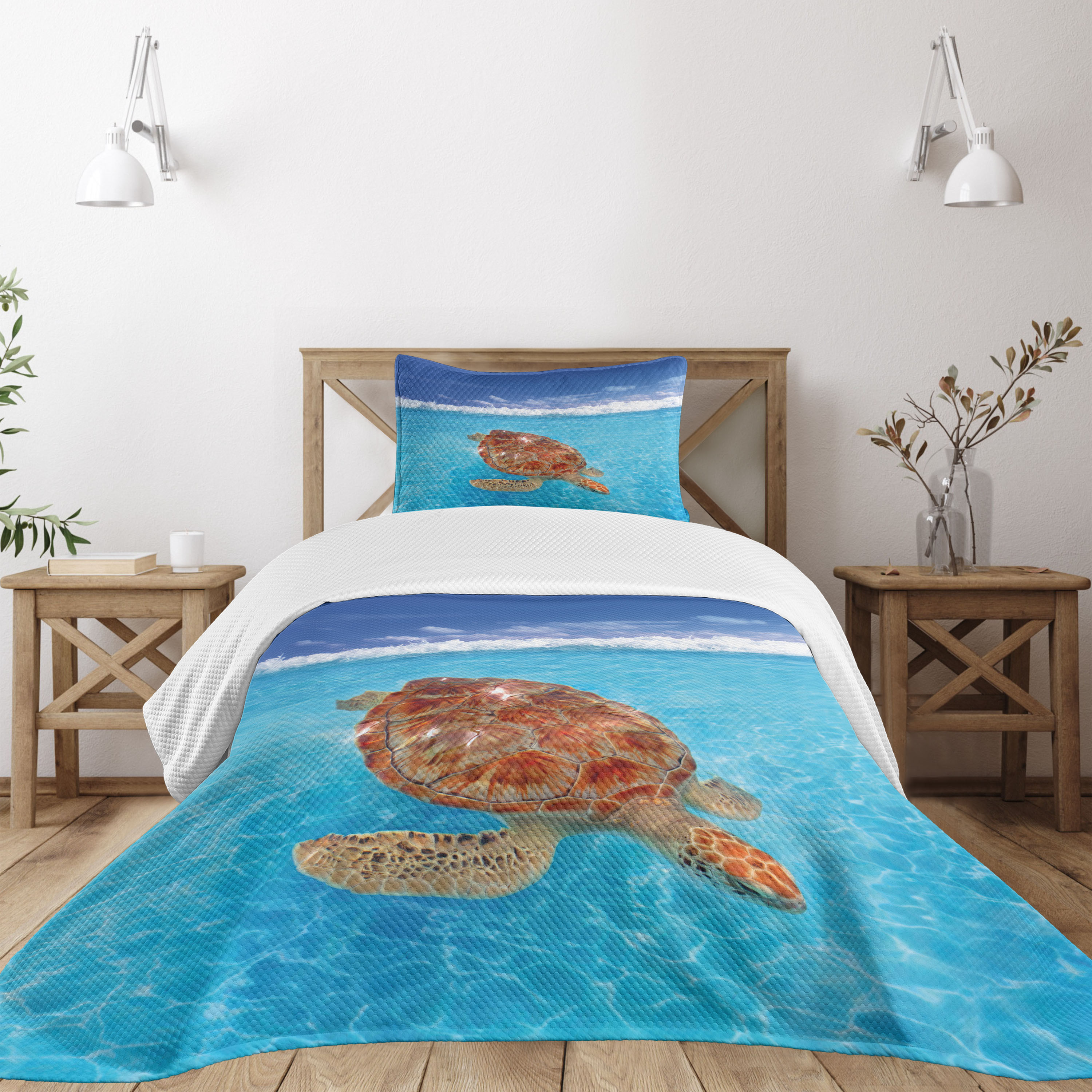 Ambesonne Turtle Quilted Bedspread Set 2 Pcs, Chelonia Water Surface ...