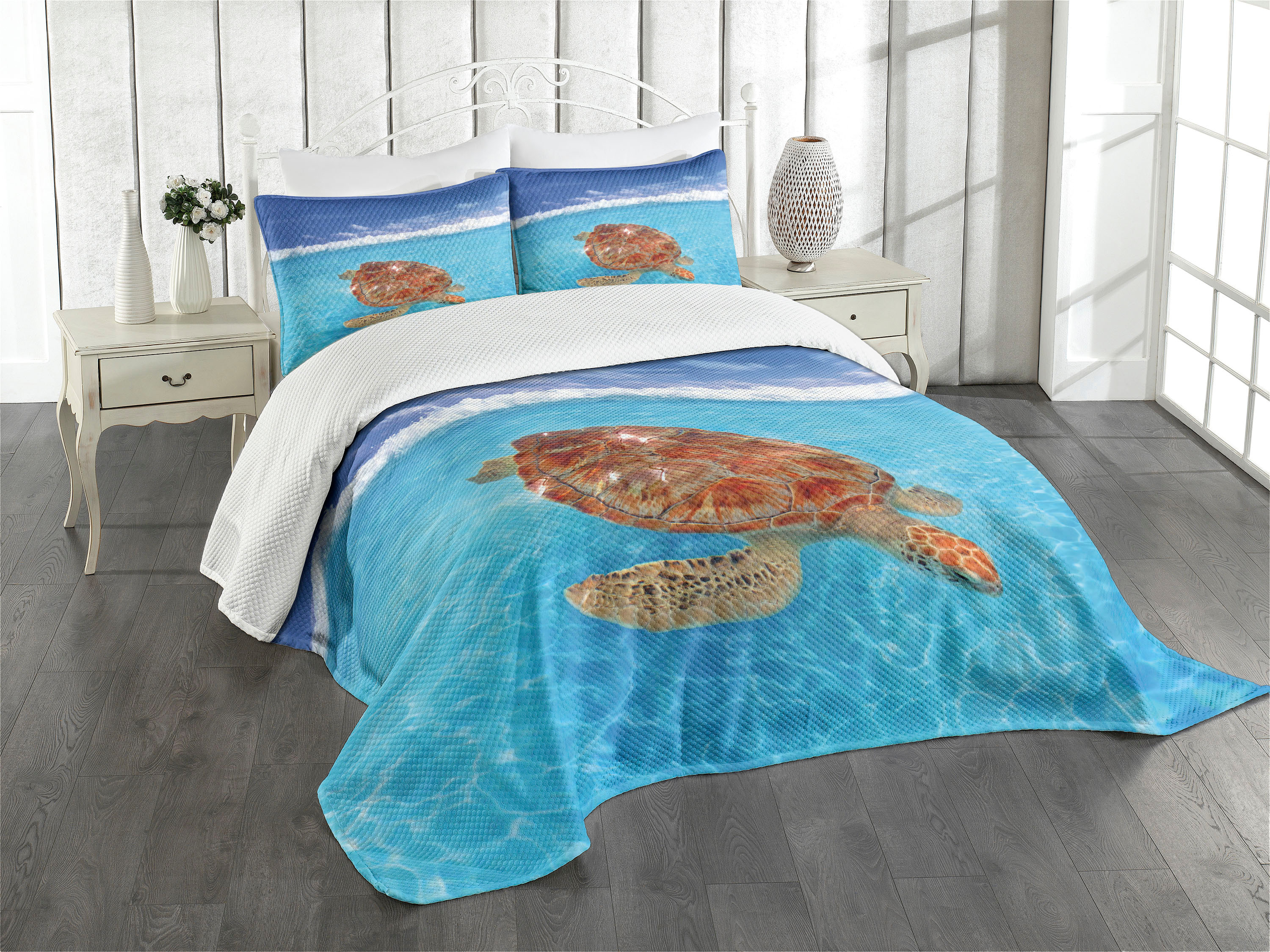Ambesonne Turtle Quilted Bedspread Set 3 Pcs, Chelonia Water Surface ...