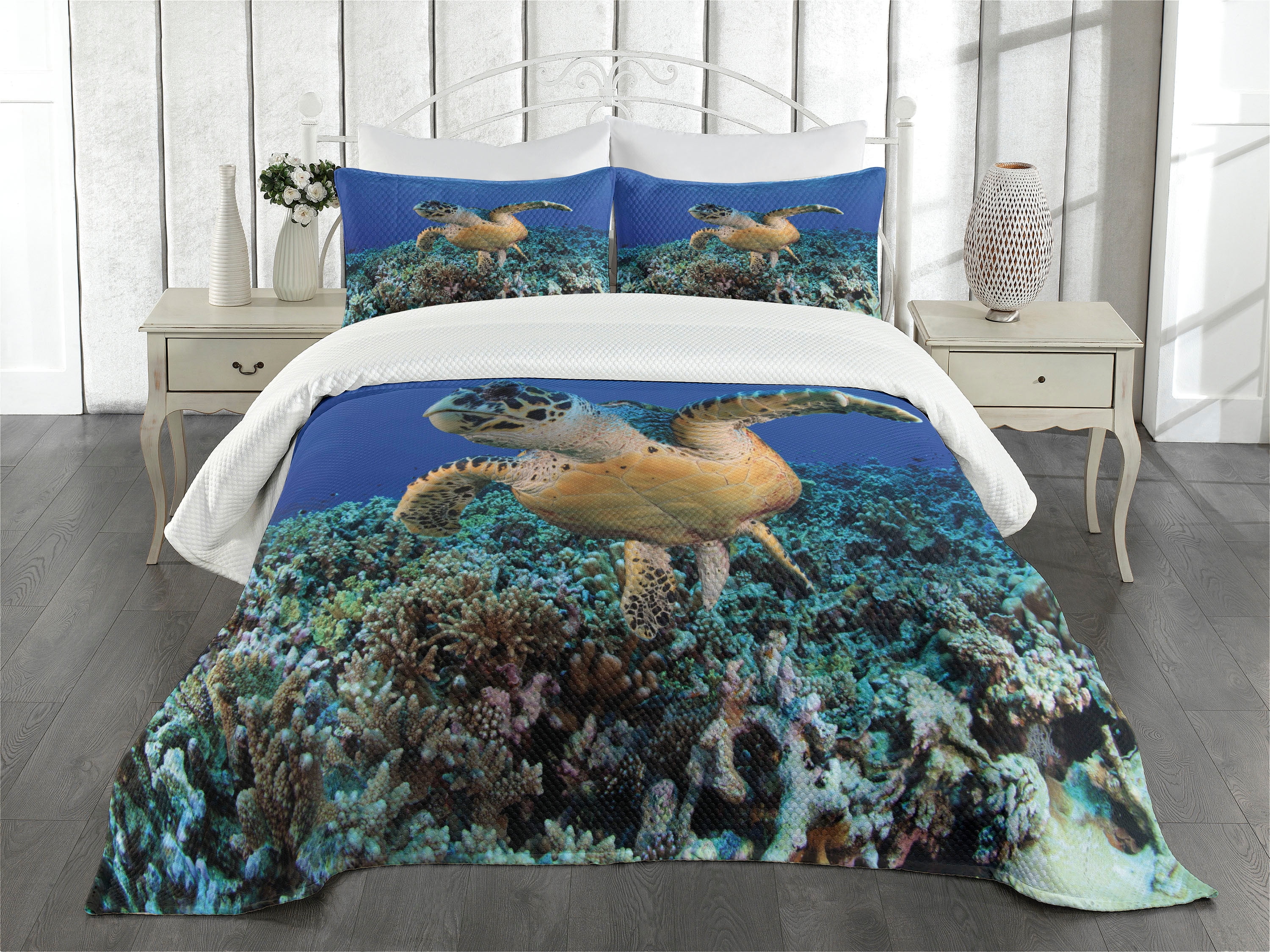 Ambesonne Turtle Quilted Bedspread Set 3 Pcs, Cheloniidae Deep Ocean ...