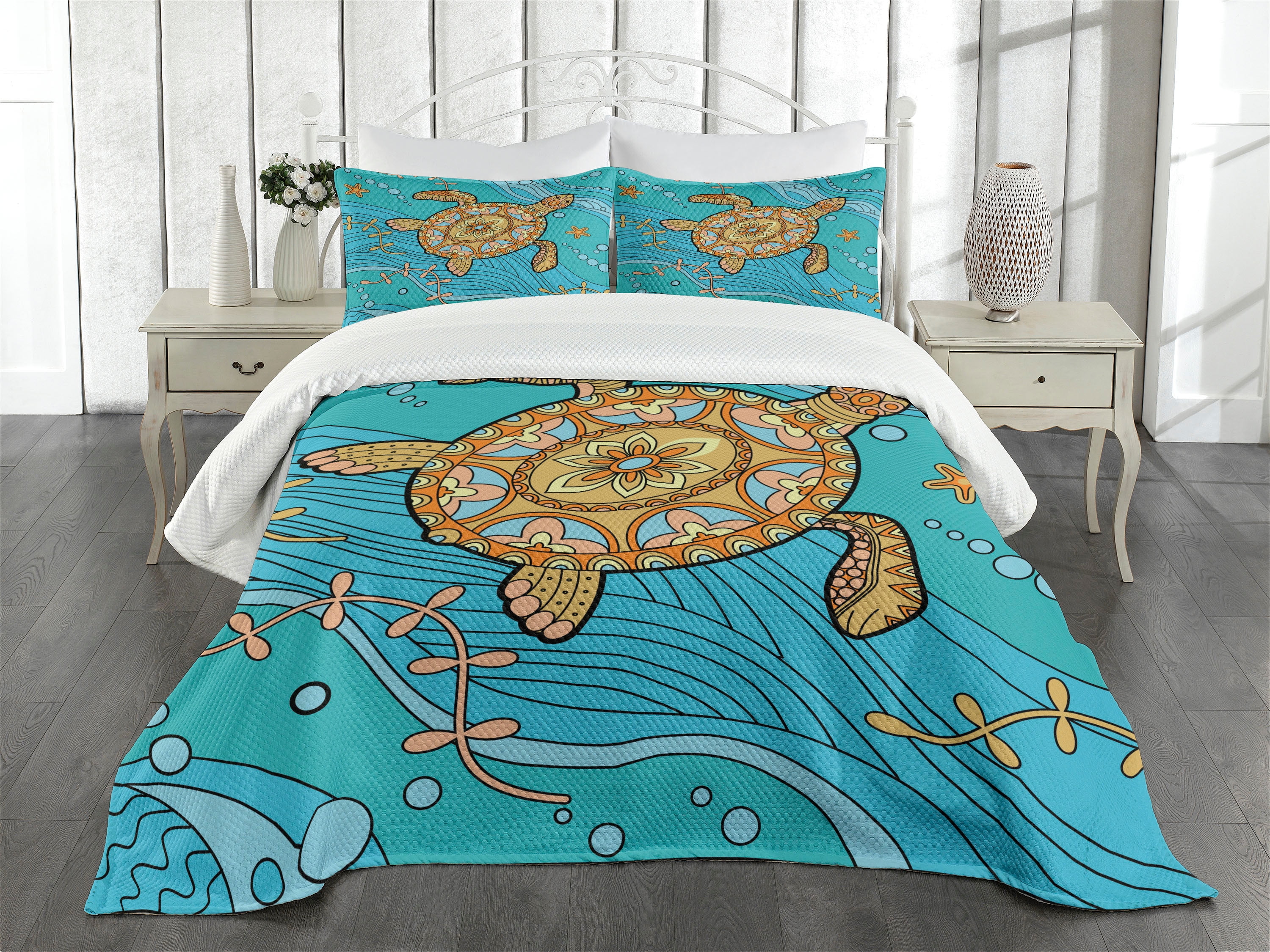 Ambesonne Turtle Quilted Bedspread Set 3 Pcs, Doodle Water, King Size ...