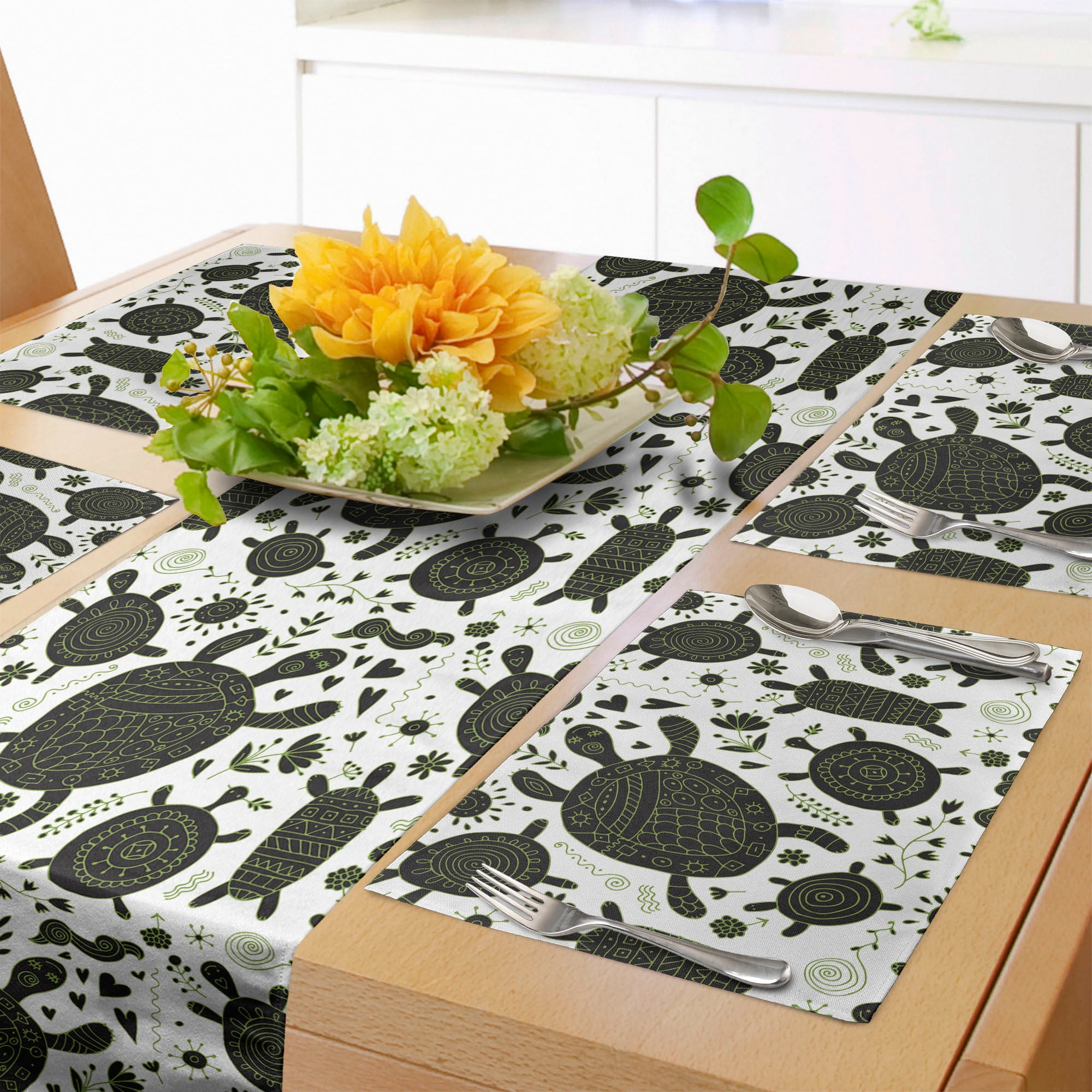 Ambesonne Turtle Table Runner & Placemats, Marine Animal Hearts Flowers ...