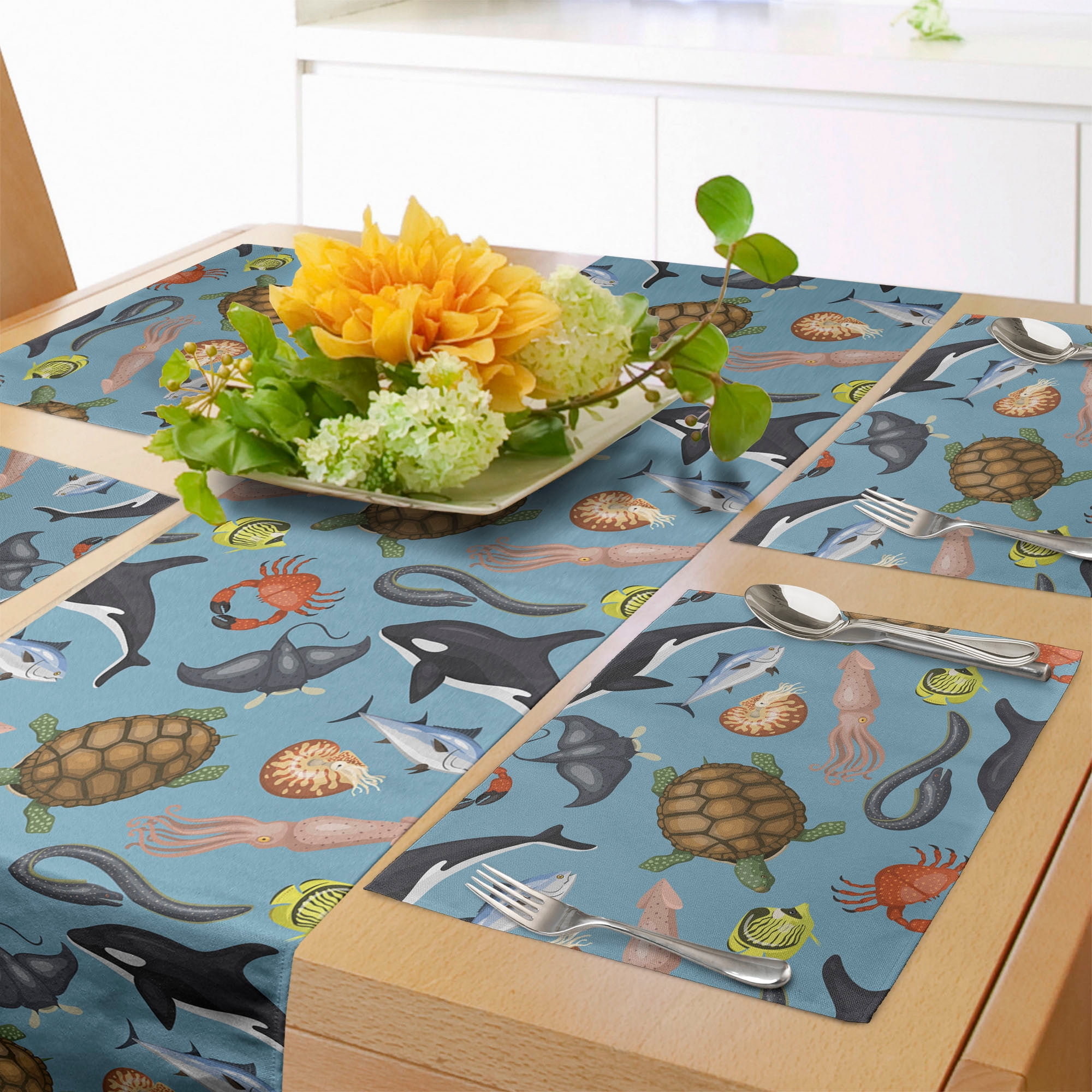 Ambesonne Turtle Table Runner & Placemats, Sea Animals Underwater Scene ...