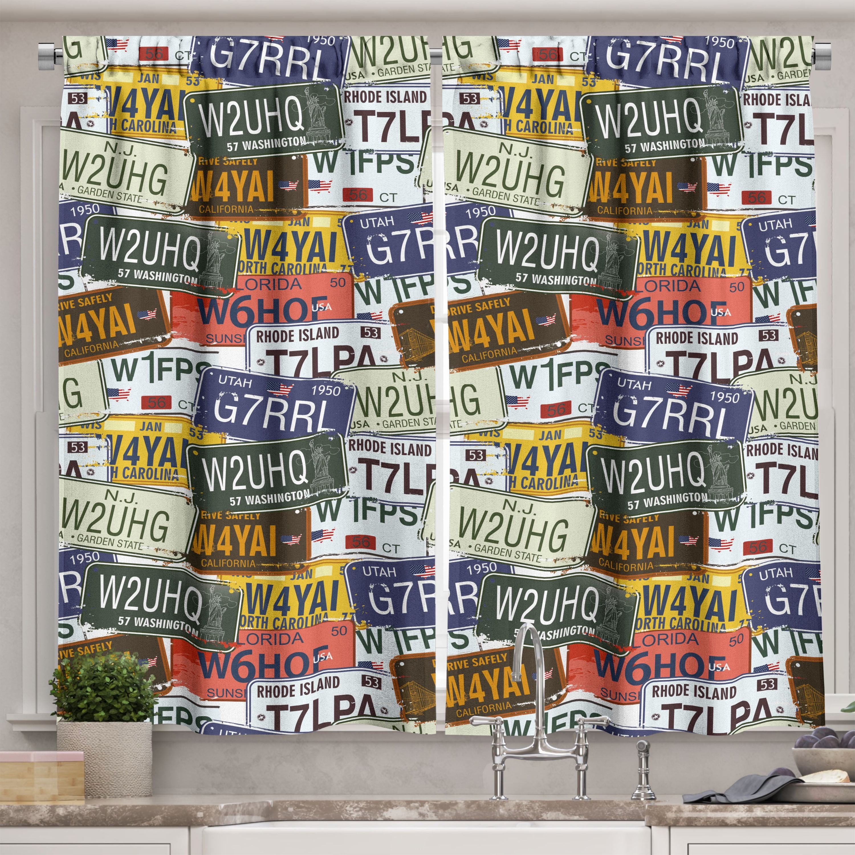 Ambesonne USA Kitchen Curtains, Retro Auto License Plates, 55"x39 ...