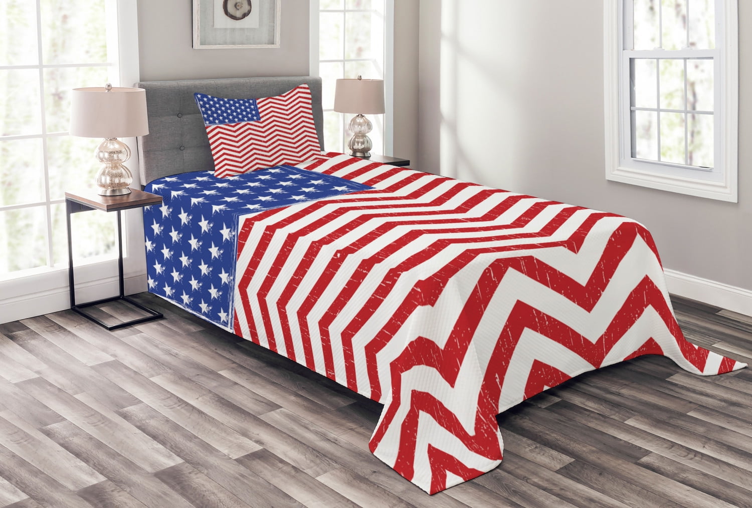 Ambesonne USA Quilted Bedspread Set 2 Pcs, Country Flag with Zigzag ...