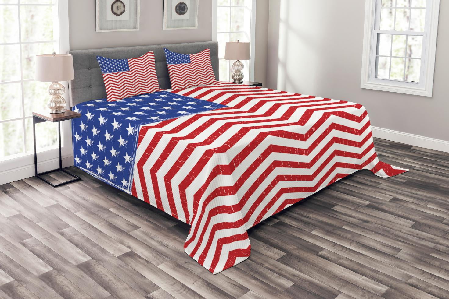 Ambesonne USA Quilted Bedspread Set 3 Pcs, Country Flag with Zigzag ...