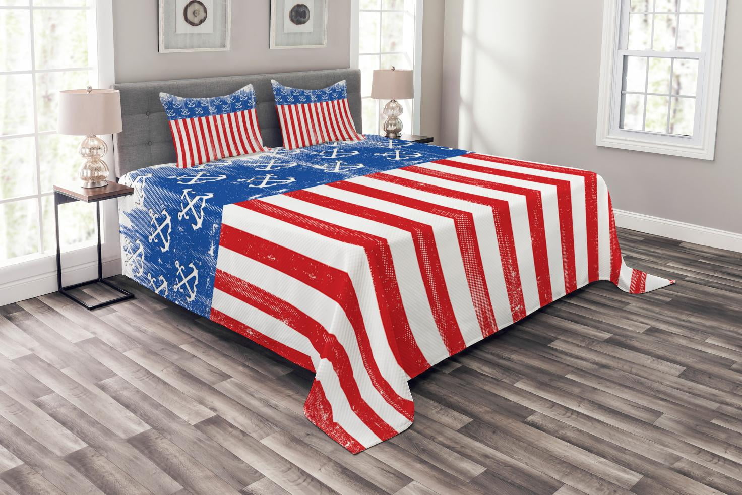 Ambesonne USA Quilted Bedspread Set 3 Pcs, Patriotic Grunge Flag Marine ...