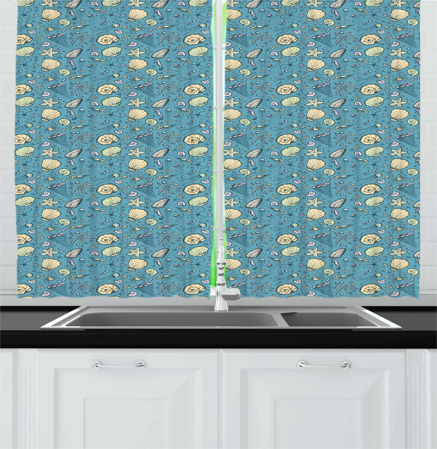 Ambesonne Under the Sea Kitchen Curtains, Summer Beach Clam, 55"x39 ...