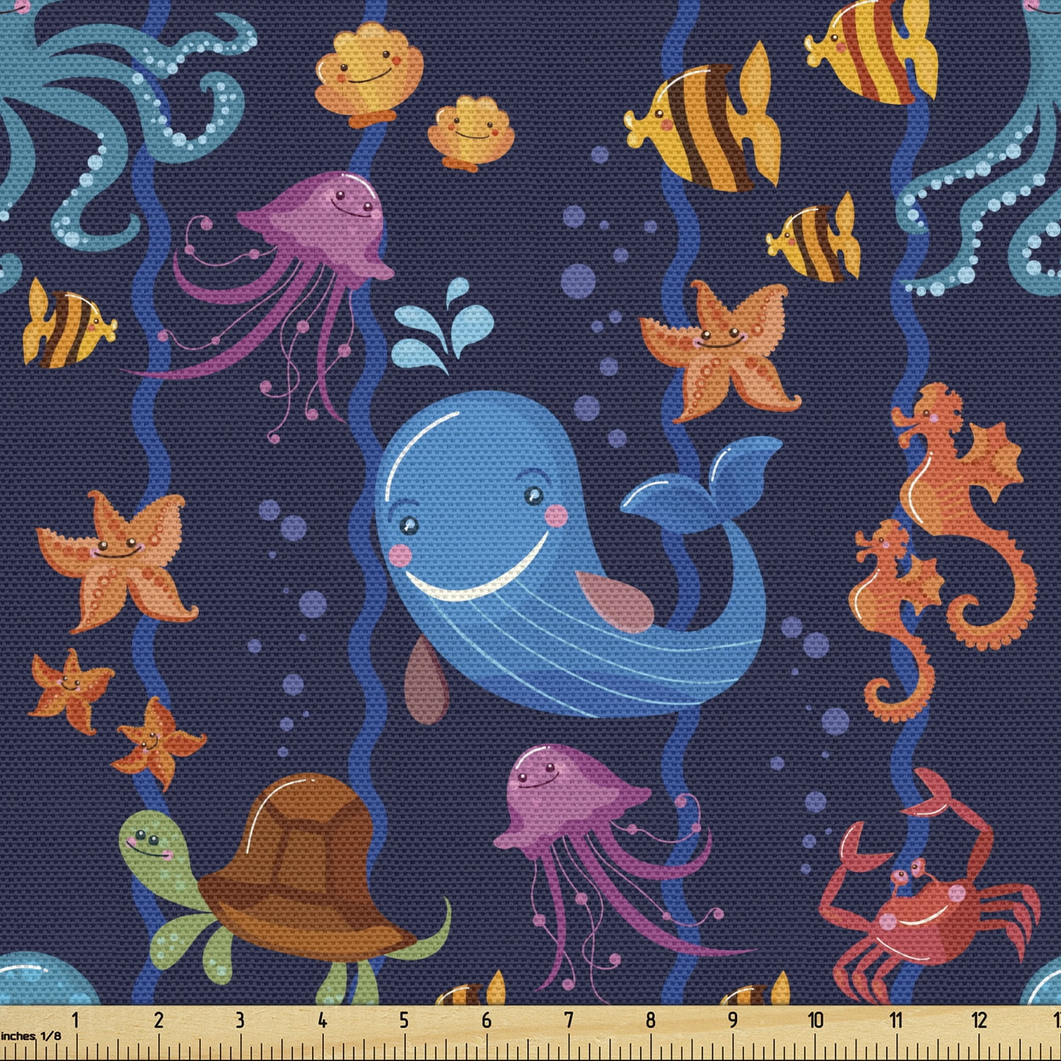 Ambesonne Underwater Fabric by the Yard Upholstery, Cartoon Sea Ocean ...
