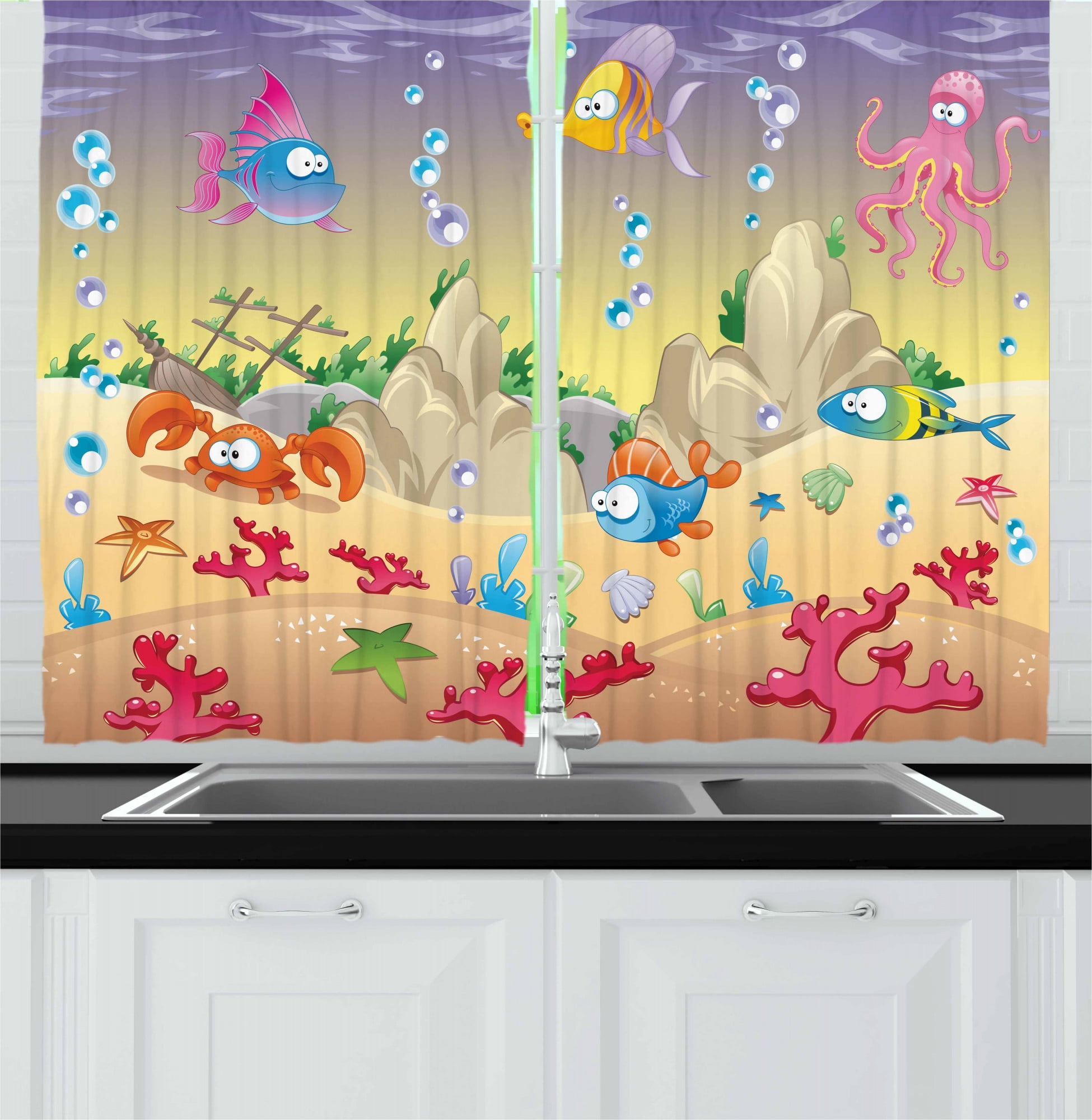 Ambesonne Underwater Kitchen Curtains, Cartoon Funny, 55"x45 ...