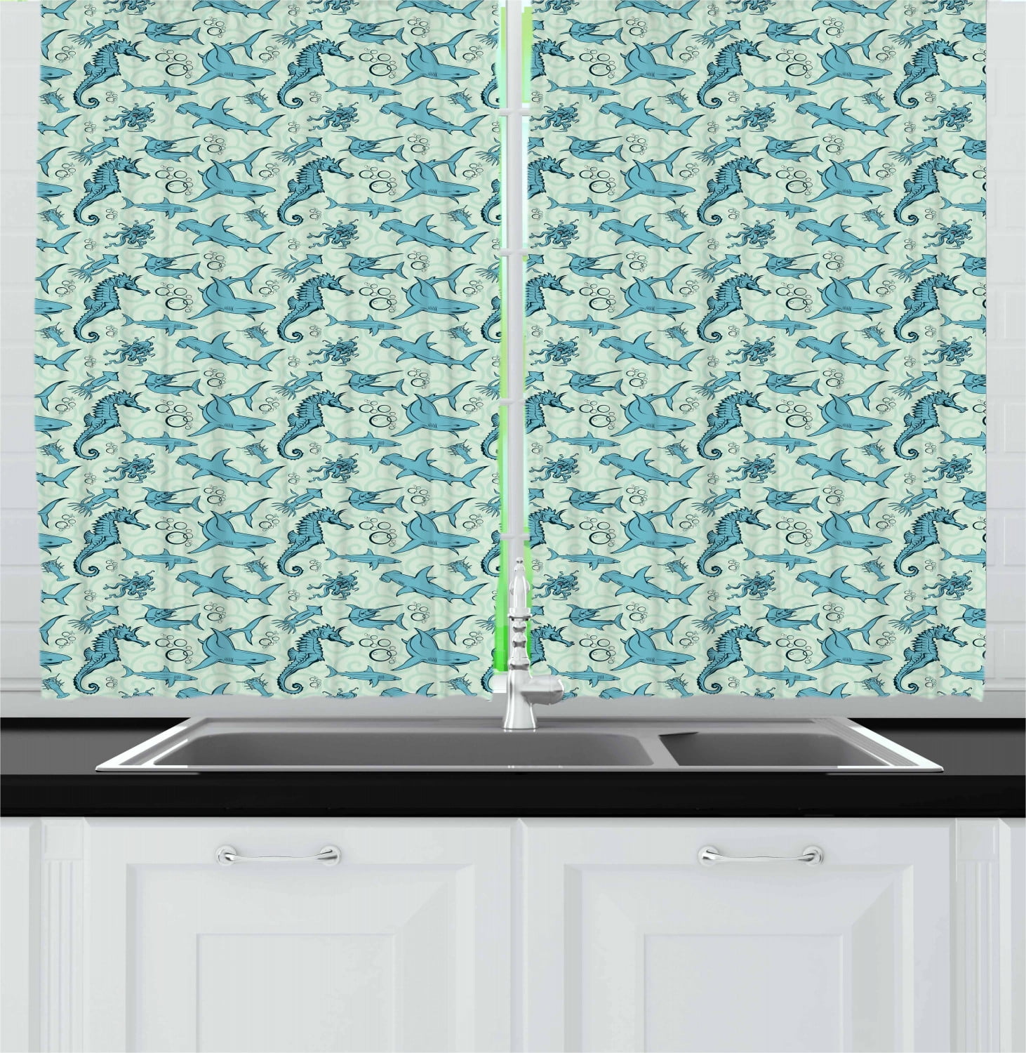 Ambesonne Underwater Kitchen Curtains, Cartoon Octopus, 55"x39", Blue ...