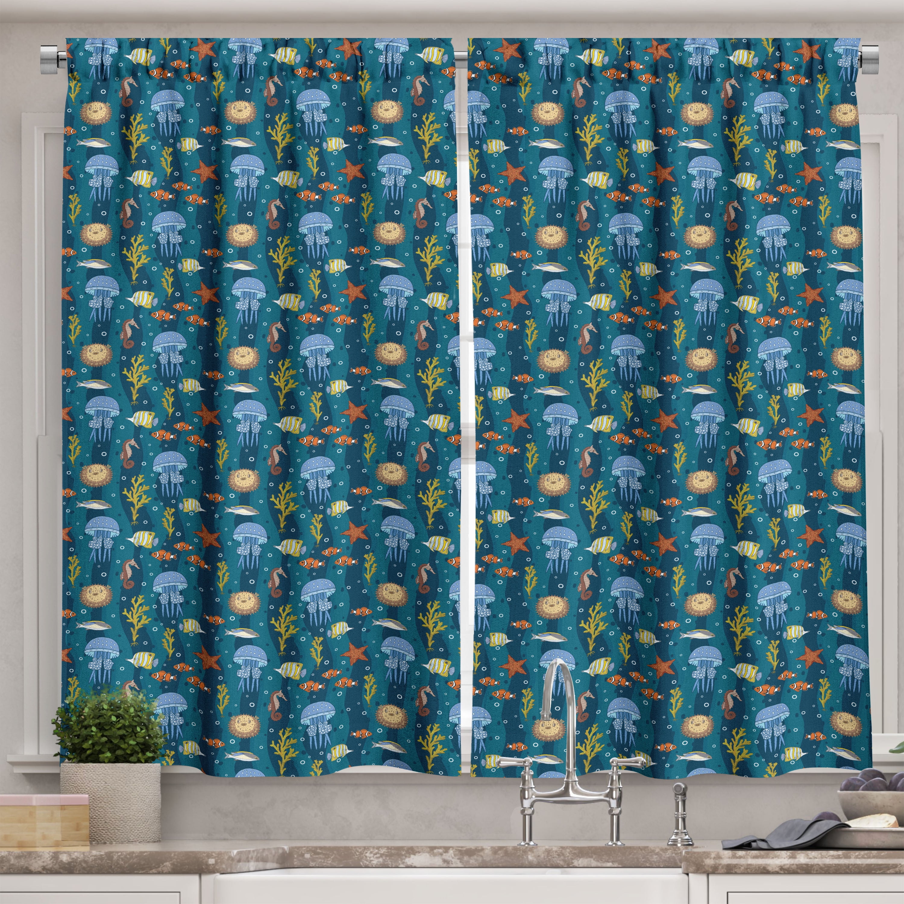 Ambesonne Underwater Kitchen Curtains, Deep Sea Animals Cartoon, 55"x30 ...