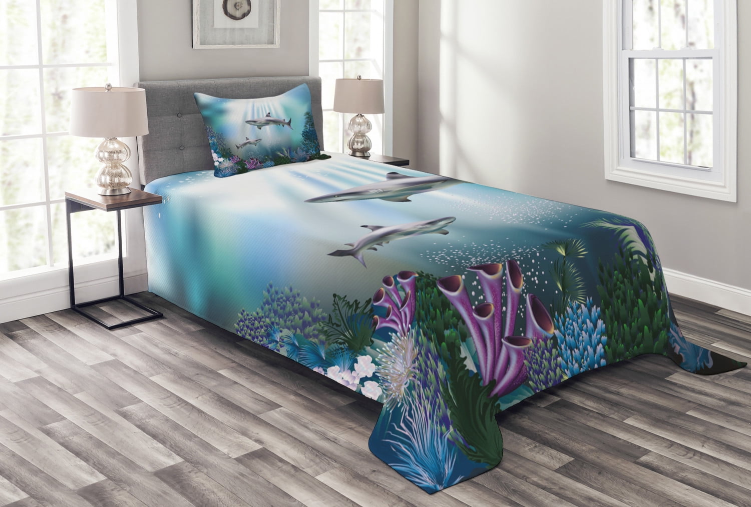 Ambesonne Underwater Quilted Bedspread Set 2 Pcs, Sharks Coral Aquatic ...