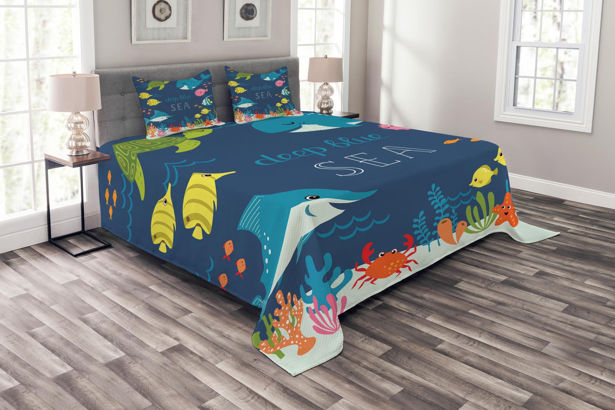 Ambesonne Underwater Quilted Bedspread Set 3 Pcs, Algaes Coral Reefs ...