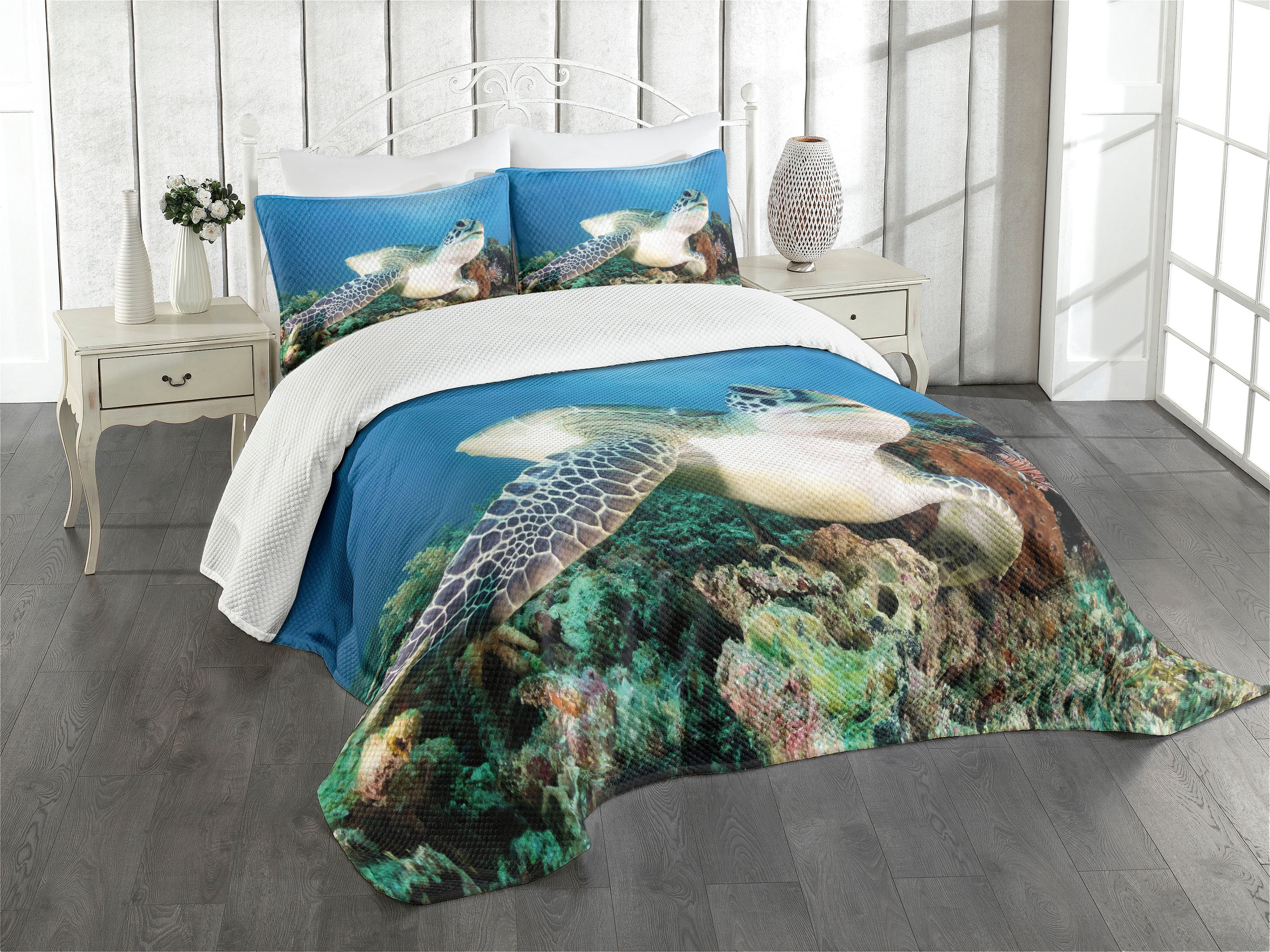 Ambesonne Underwater Quilted Bedspread Set 3 Pcs, Green Turtle Coral ...