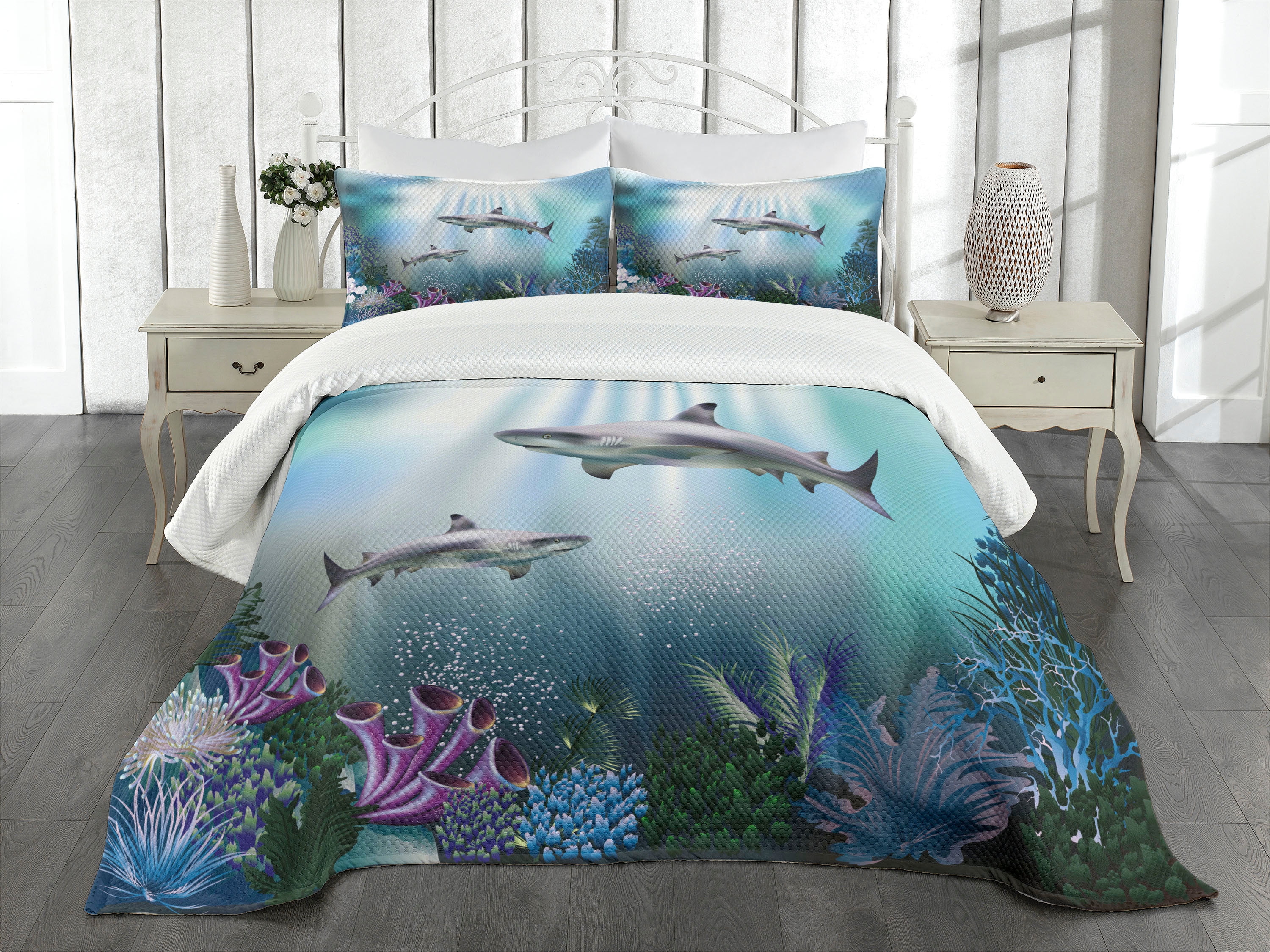 Ambesonne Underwater Quilted Bedspread Set 3 Pcs, Sharks Coral Aquatic ...
