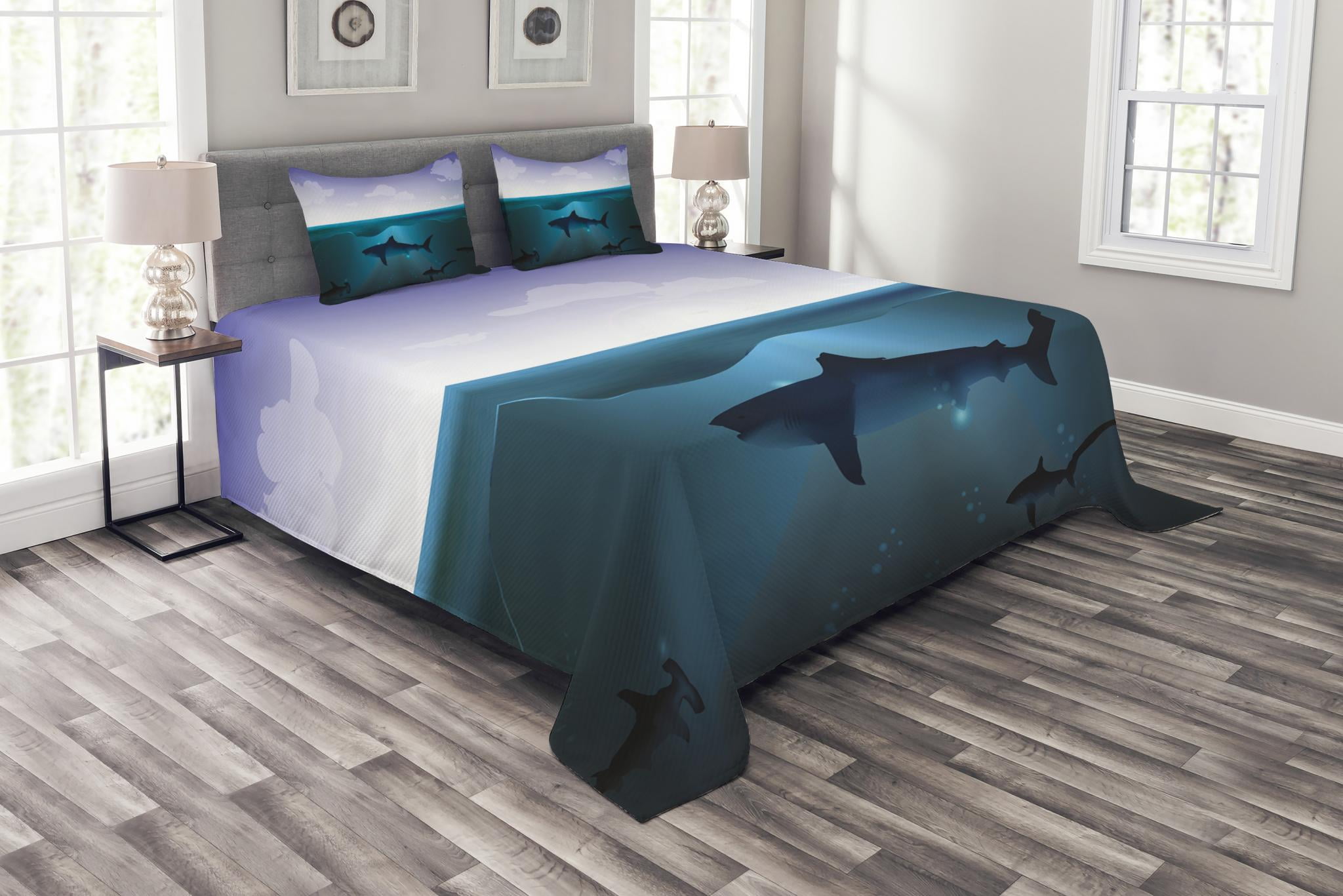 Ambesonne Underwater Quilted Bedspread Set 3 Pcs, Wild Sharks in Sea ...