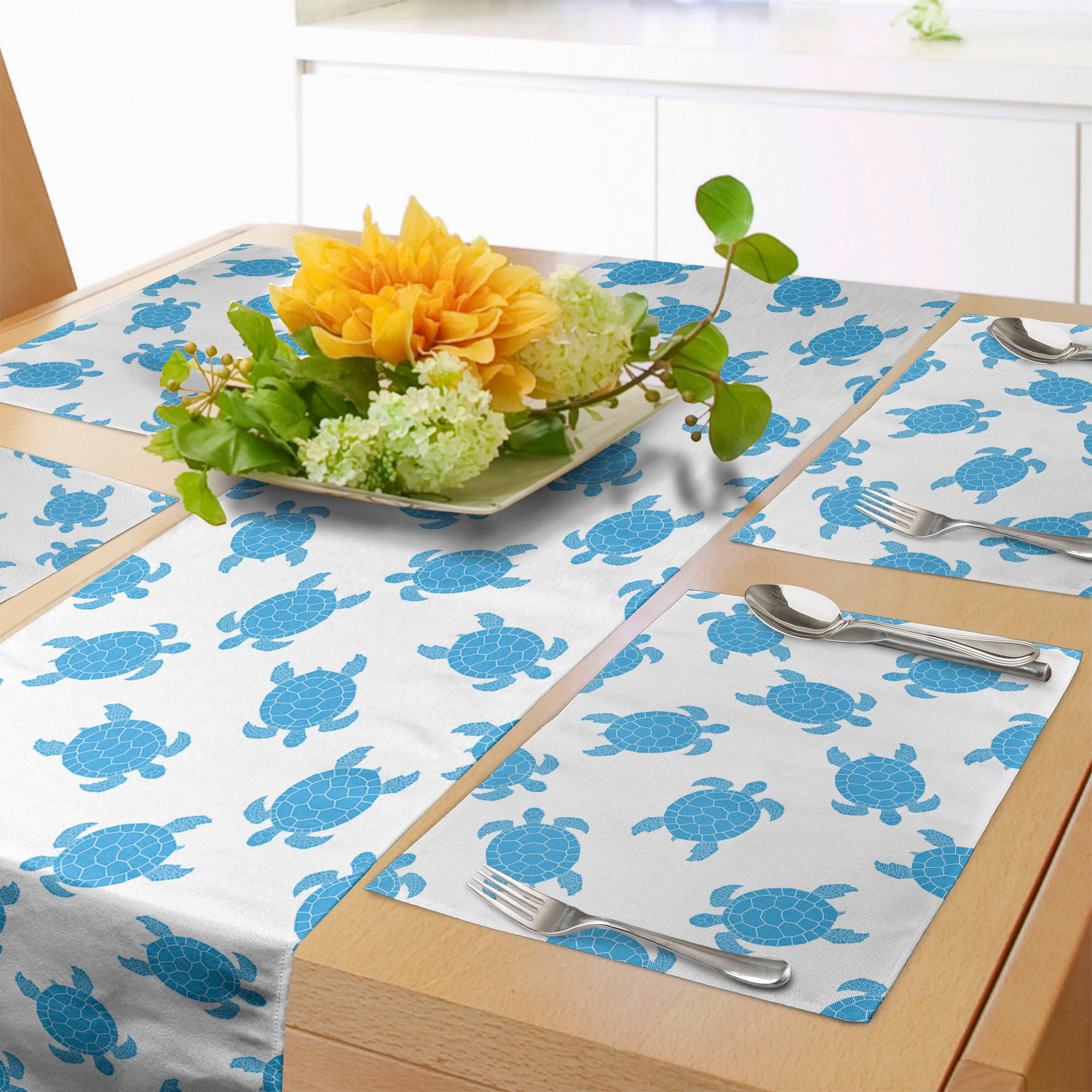 Ambesonne Underwater Table Runner & Placemats, Sea Turtles Exotic Ocean, Placemat 4 pcs + Runner ...