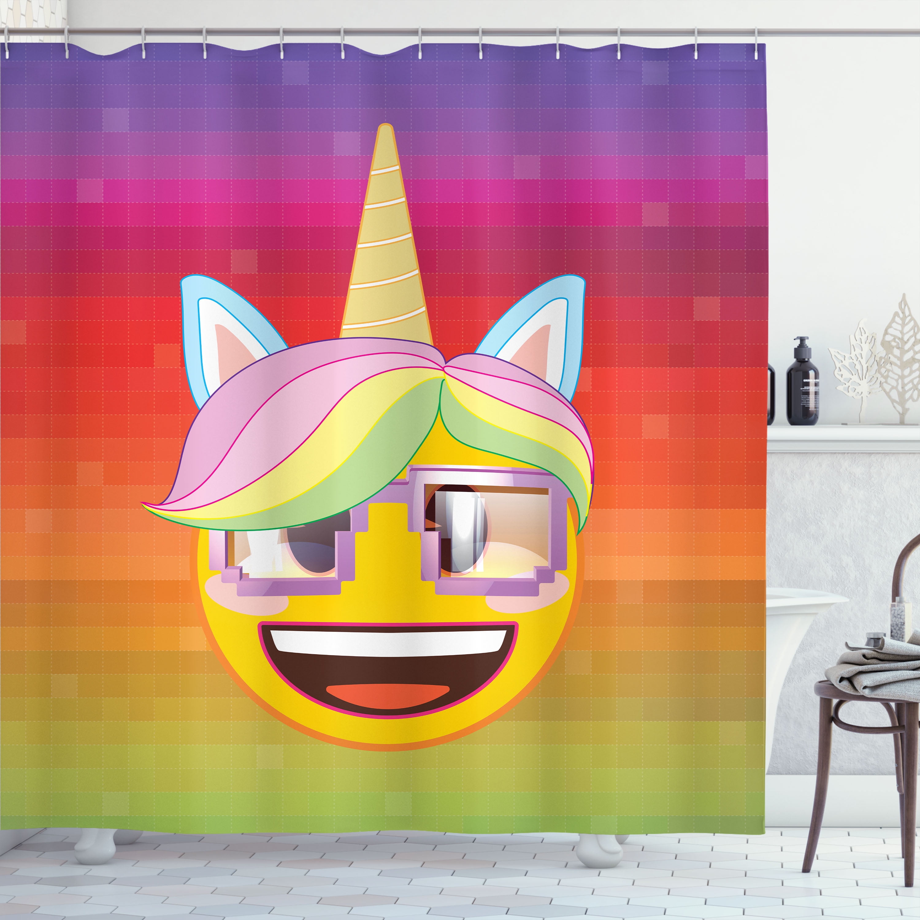 Ambesonne Unicorn Emoji Shower Curtain, Futuristic Rainbow, 69"Wx70"L, Multicolor Mustard and ...