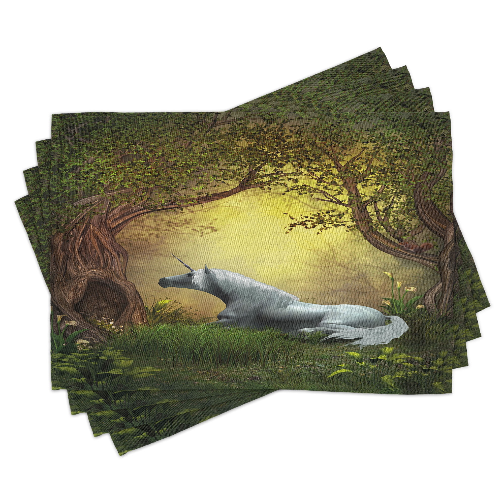 Ambesonne Unicorn Place Mats Set of 4, Fantasy Forest, Standard Size ...
