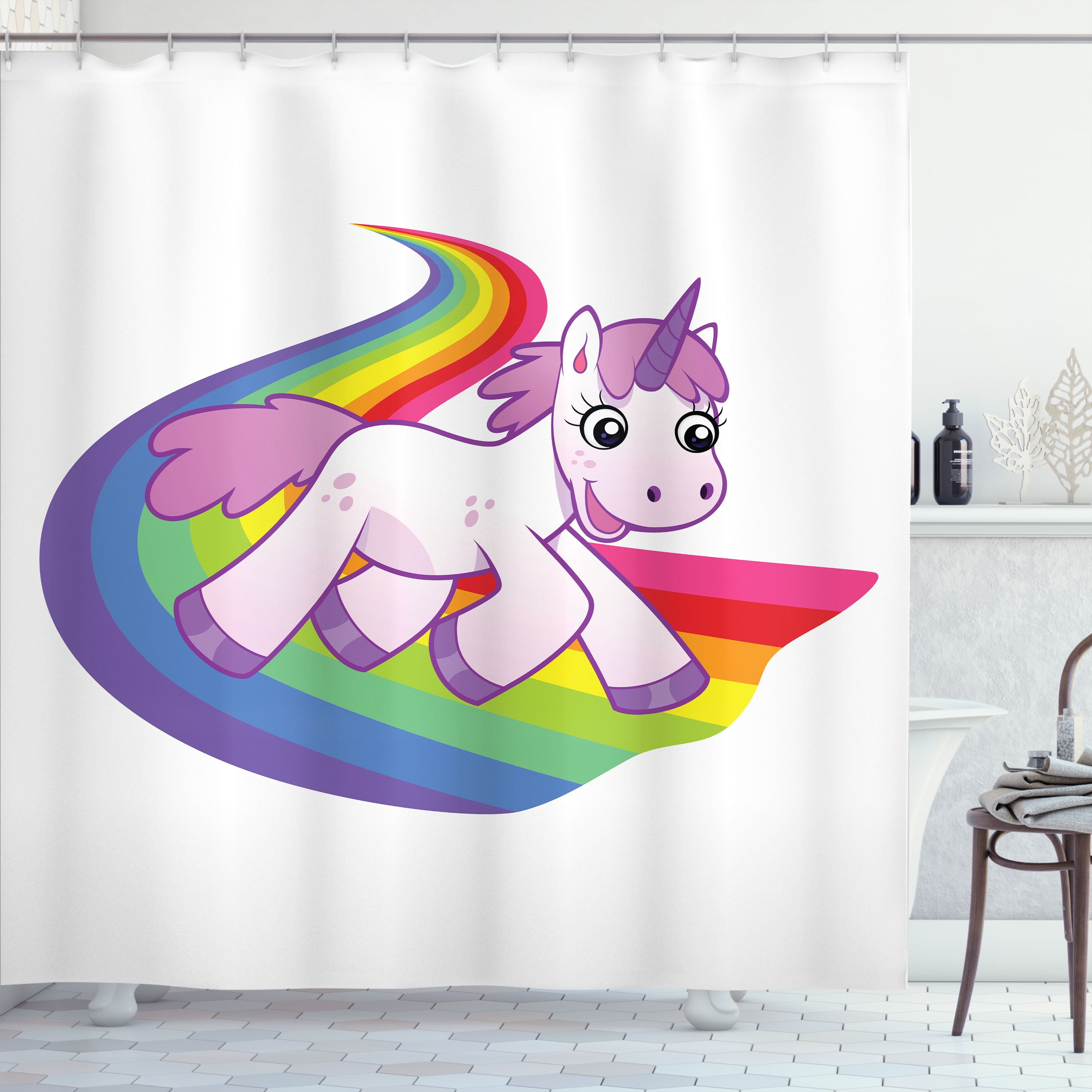 Ambesonne Unicorn Shower Curtain, Creature Rainbow, 69"Wx70"L, White Lilac - Walmart.com