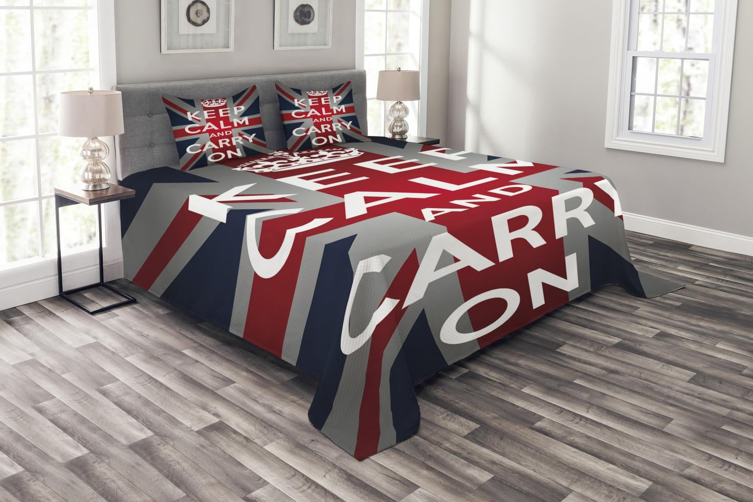 Ambesonne Union Jack Quilted Bedspread Set 3 Pcs, Words Crown UK Flag ...