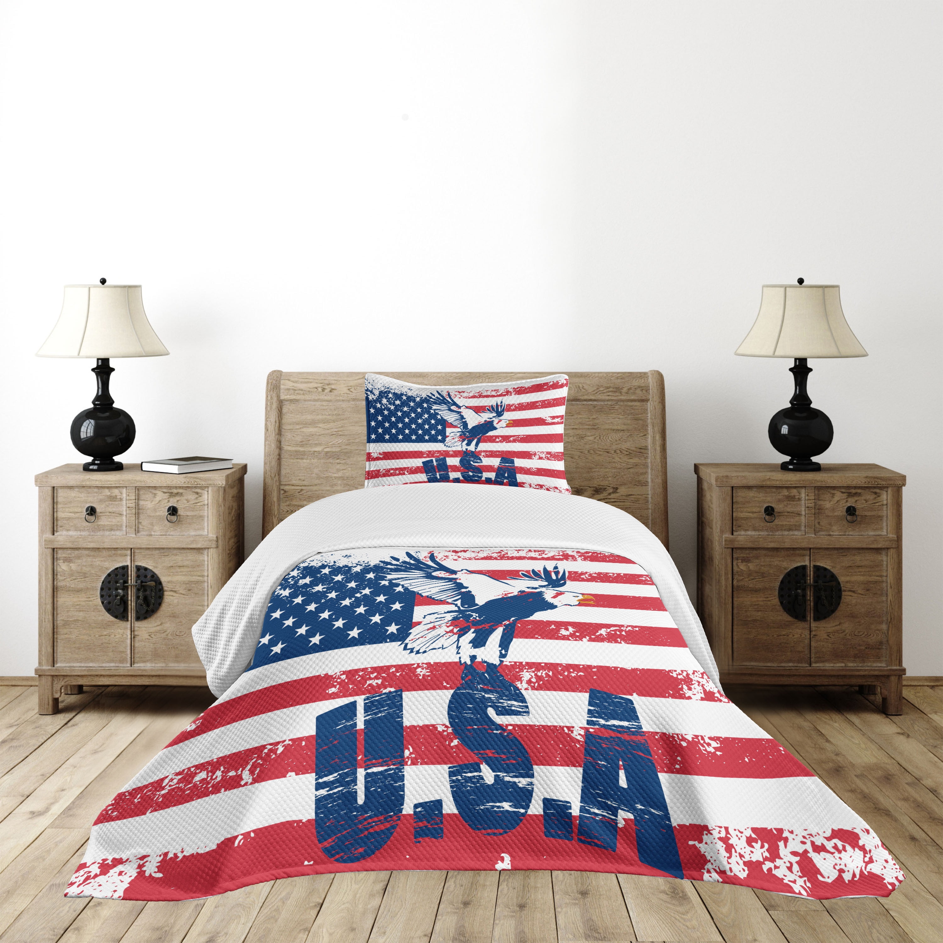 Ambesonne United States Quilted Bedspread Set 2 Pcs, Grungy Flag and ...