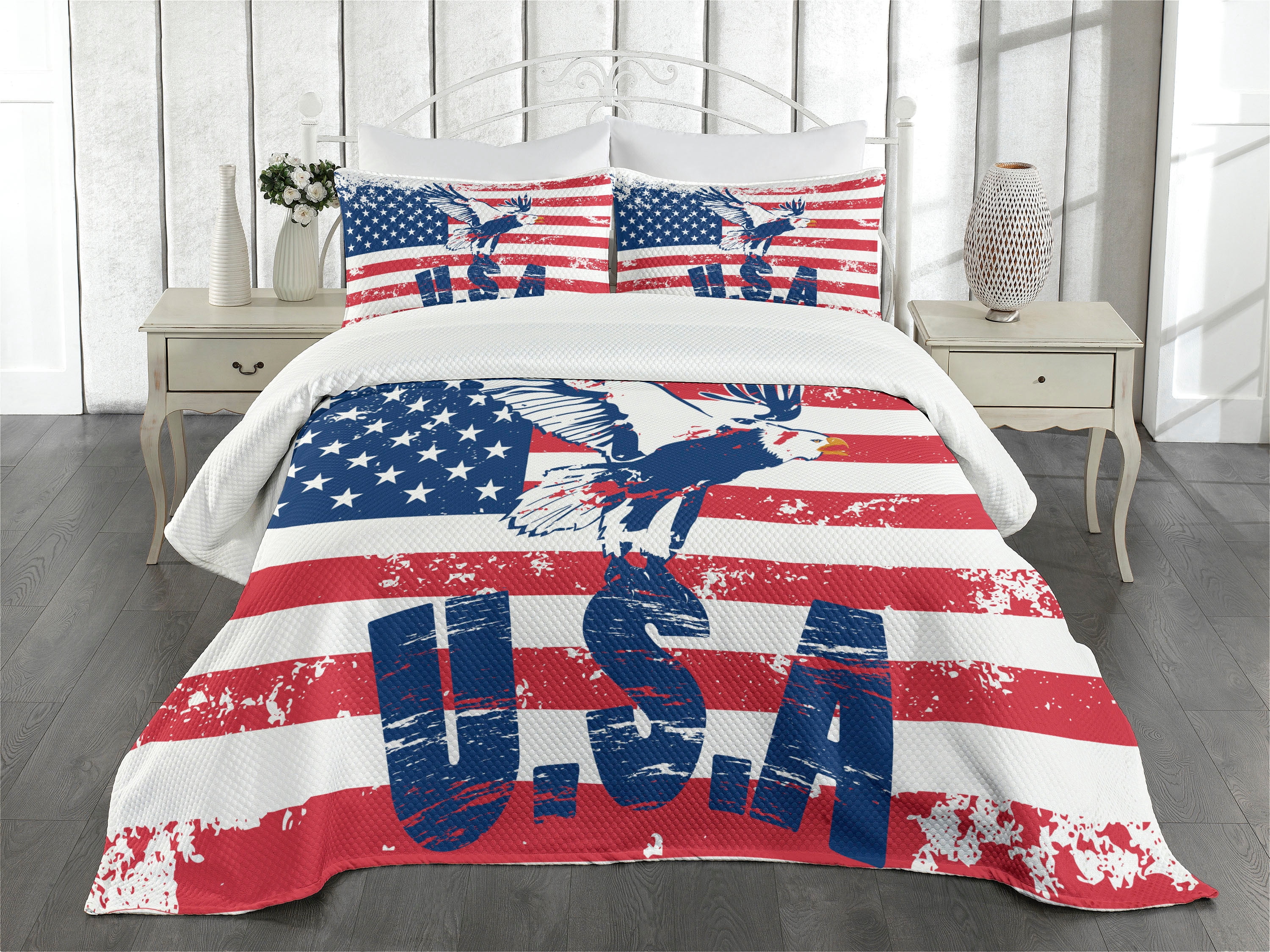 Ambesonne United States Quilted Bedspread Set 3 Pcs, Grungy Flag and ...