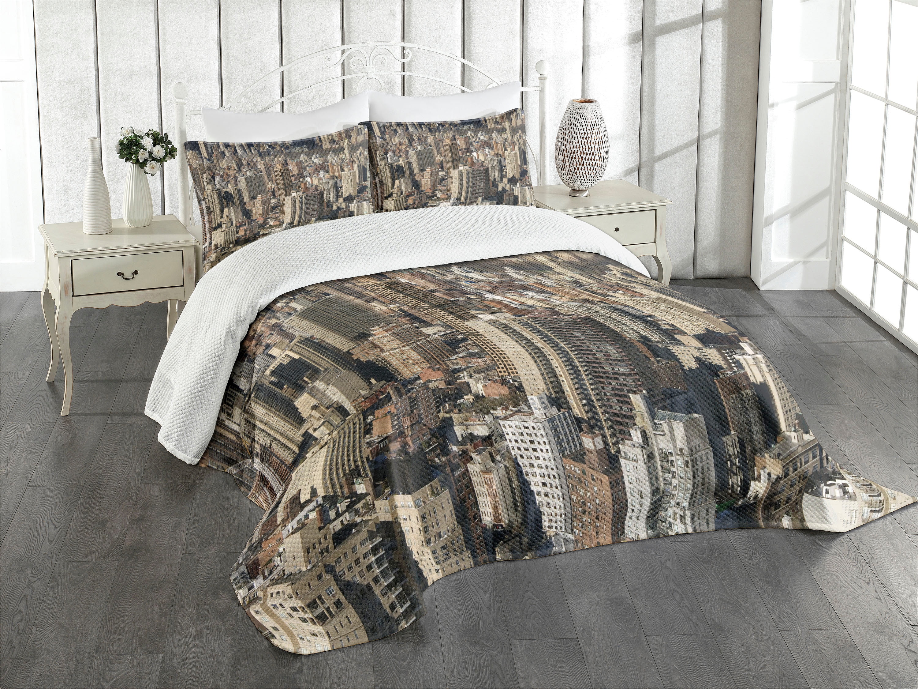 Ambesonne United States Quilted Bedspread Set 3 Pcs, NYC Aerial View ...
