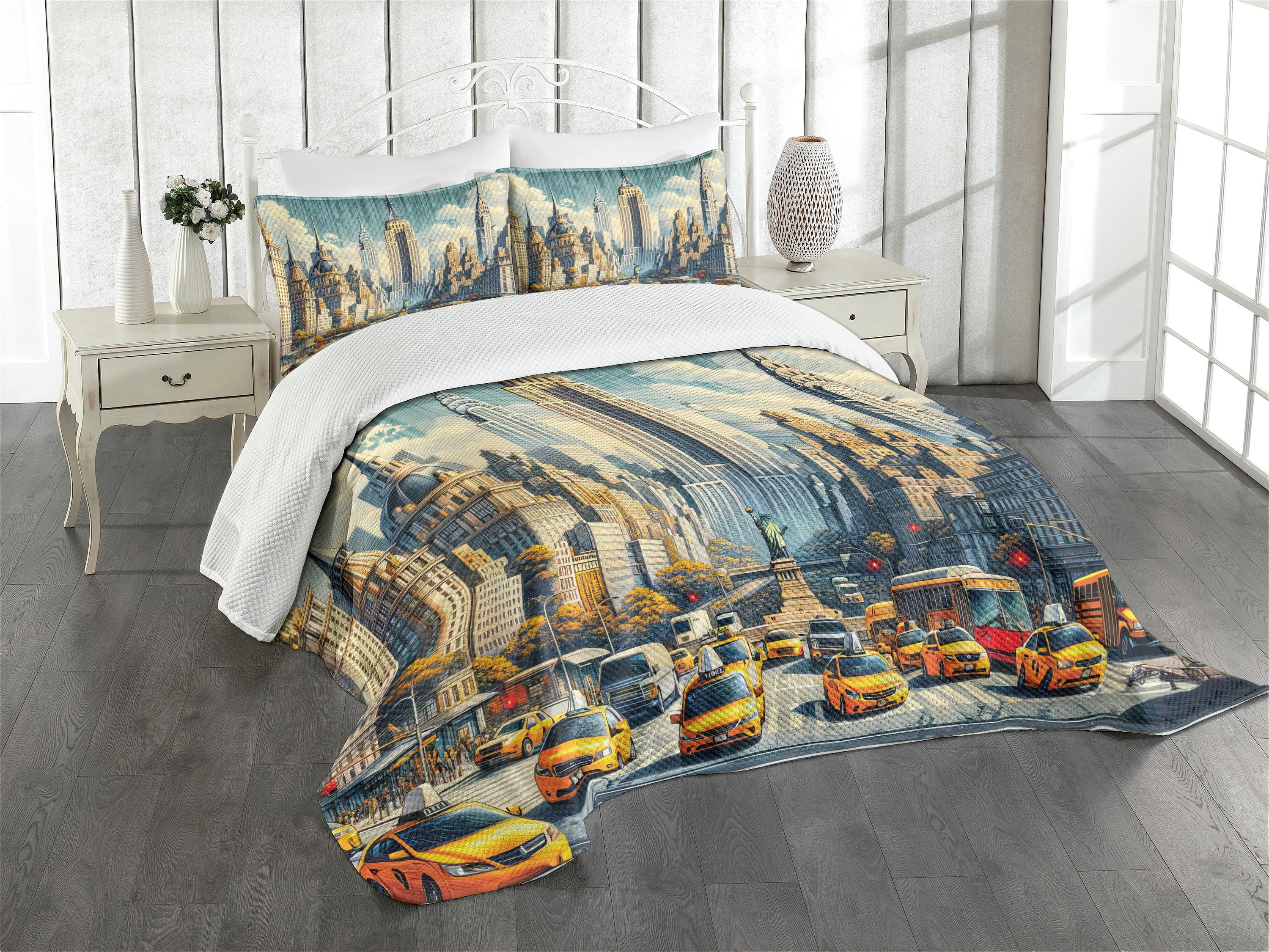 Ambesonne Urban Art Quilted Bedspread Set 3 Pcs, Big City Rush Hour ...