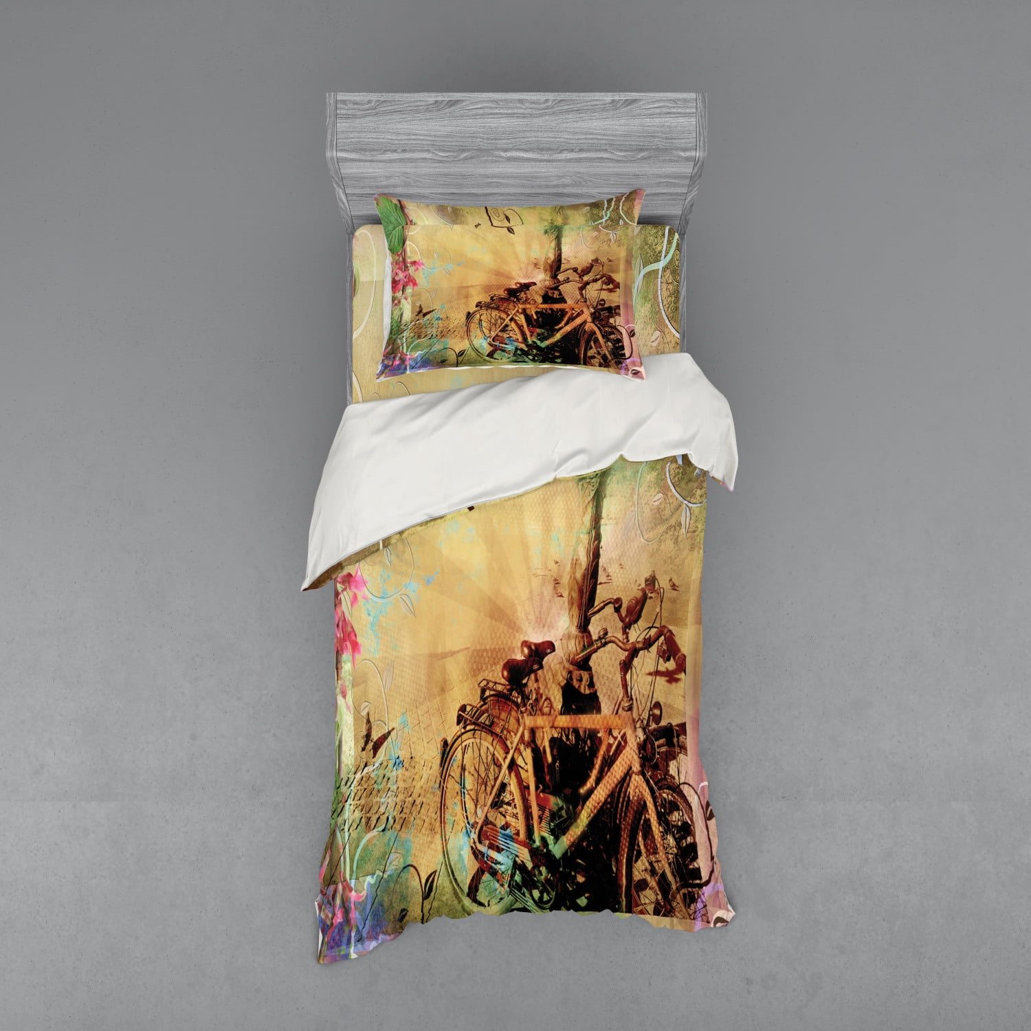 Ambesonne Urban Bedding Set 3 Pcs, Bikes in Street Floral, Twin XL ...
