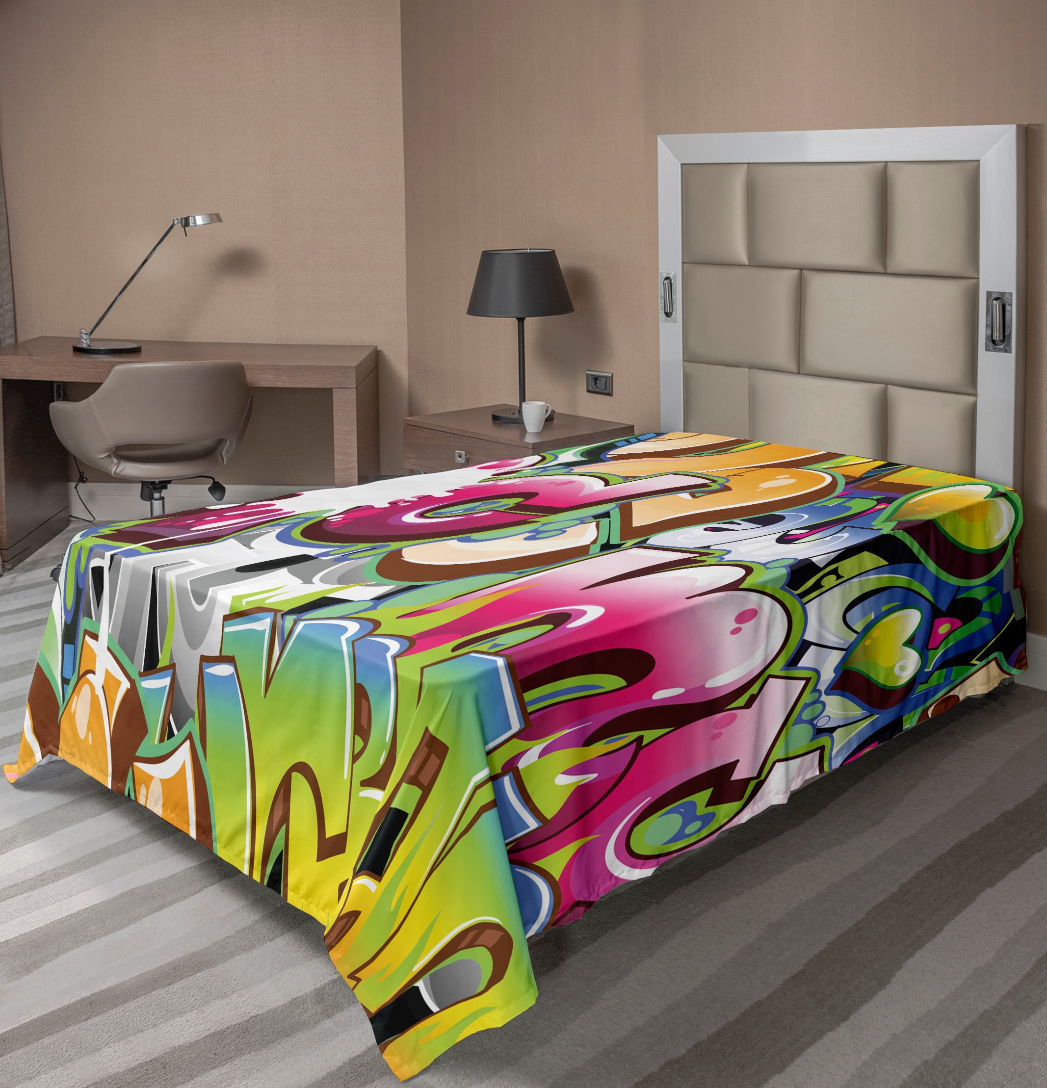 Ambesonne Urban Graffiti Flat Sheet, Throwie Style, Twin Size ...