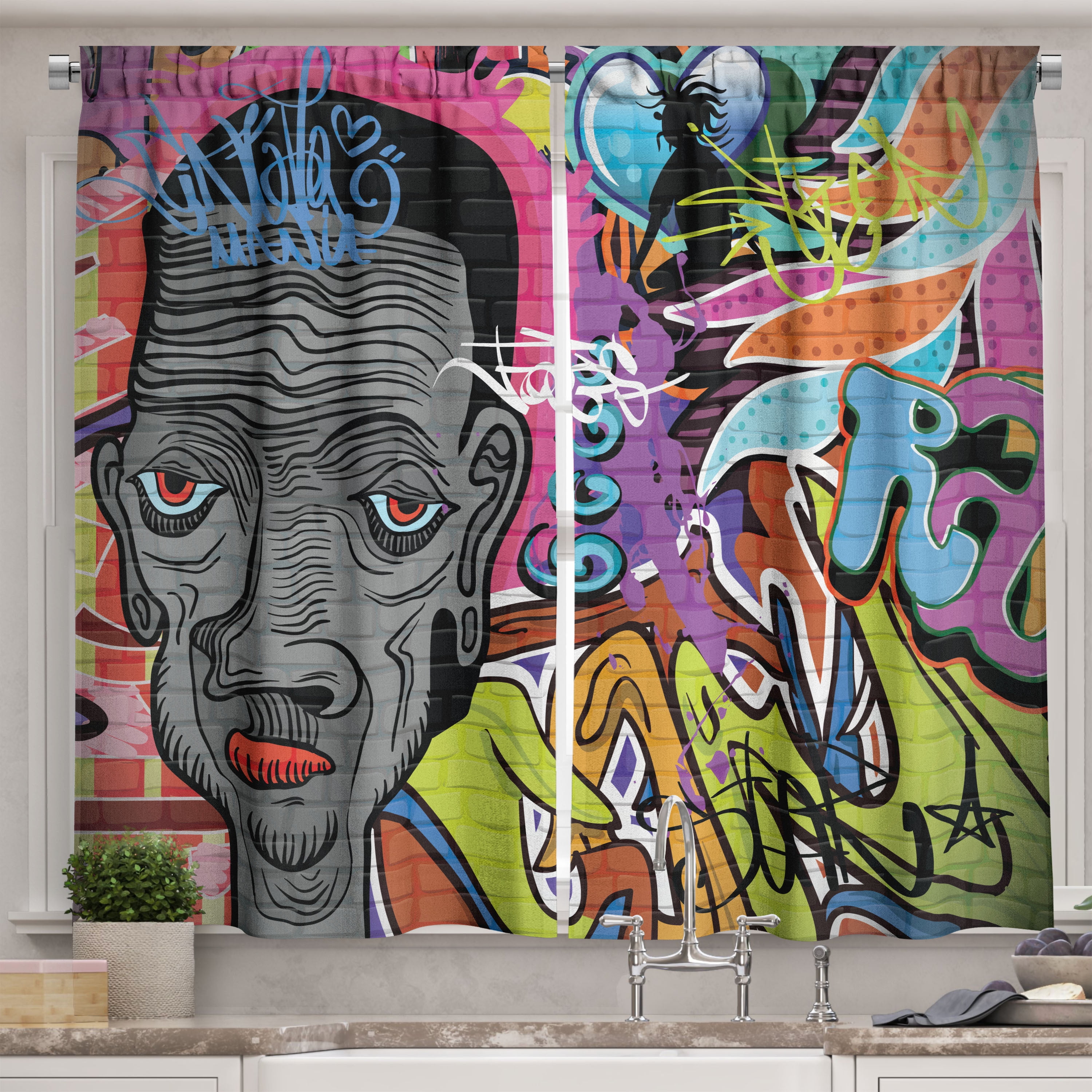 Ambesonne Urban Graffiti Kitchen Curtains, Hip Hop, 55"x39", Multicolor ...