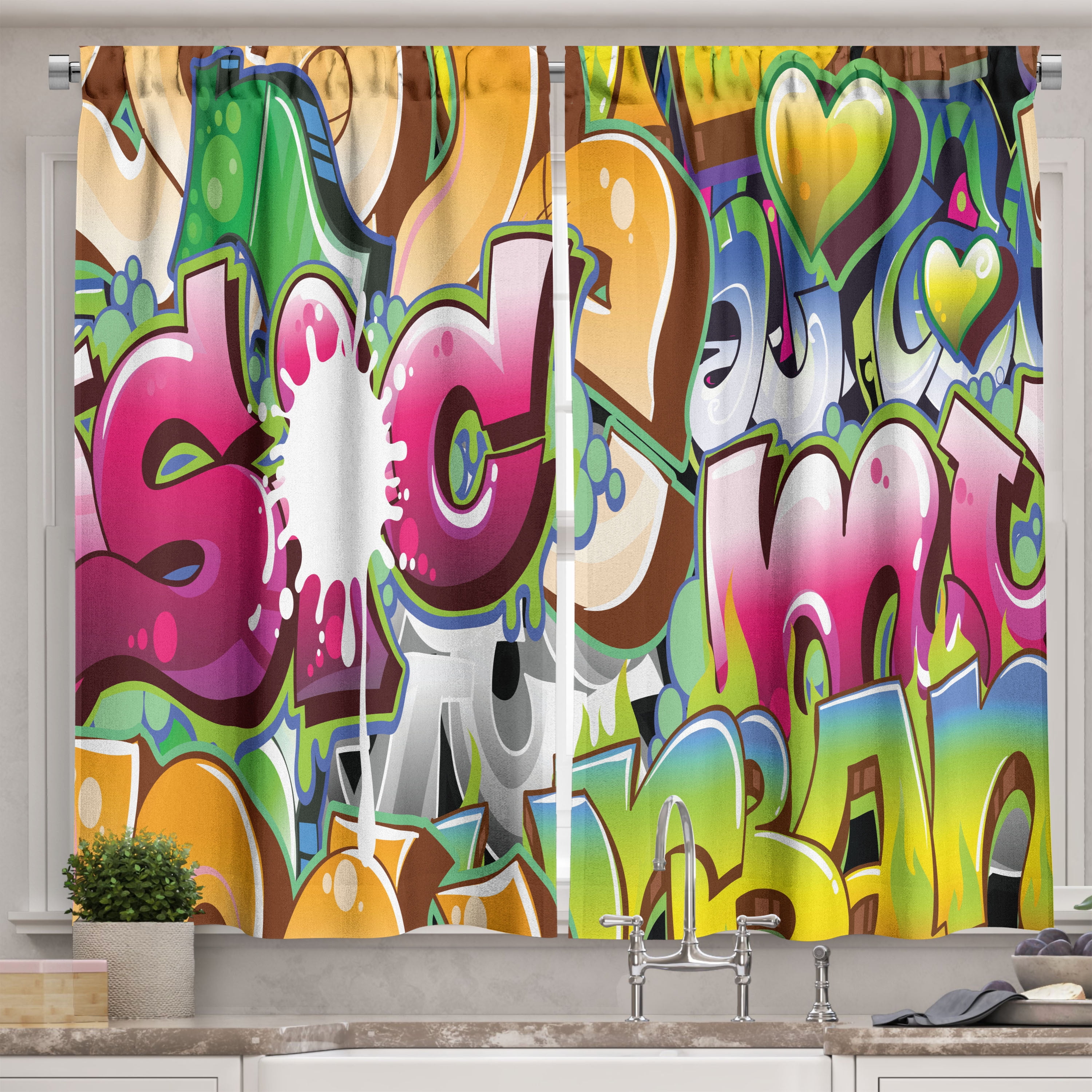 Ambesonne Urban Graffiti Kitchen Curtains, Throwie Style, 55"x39 ...