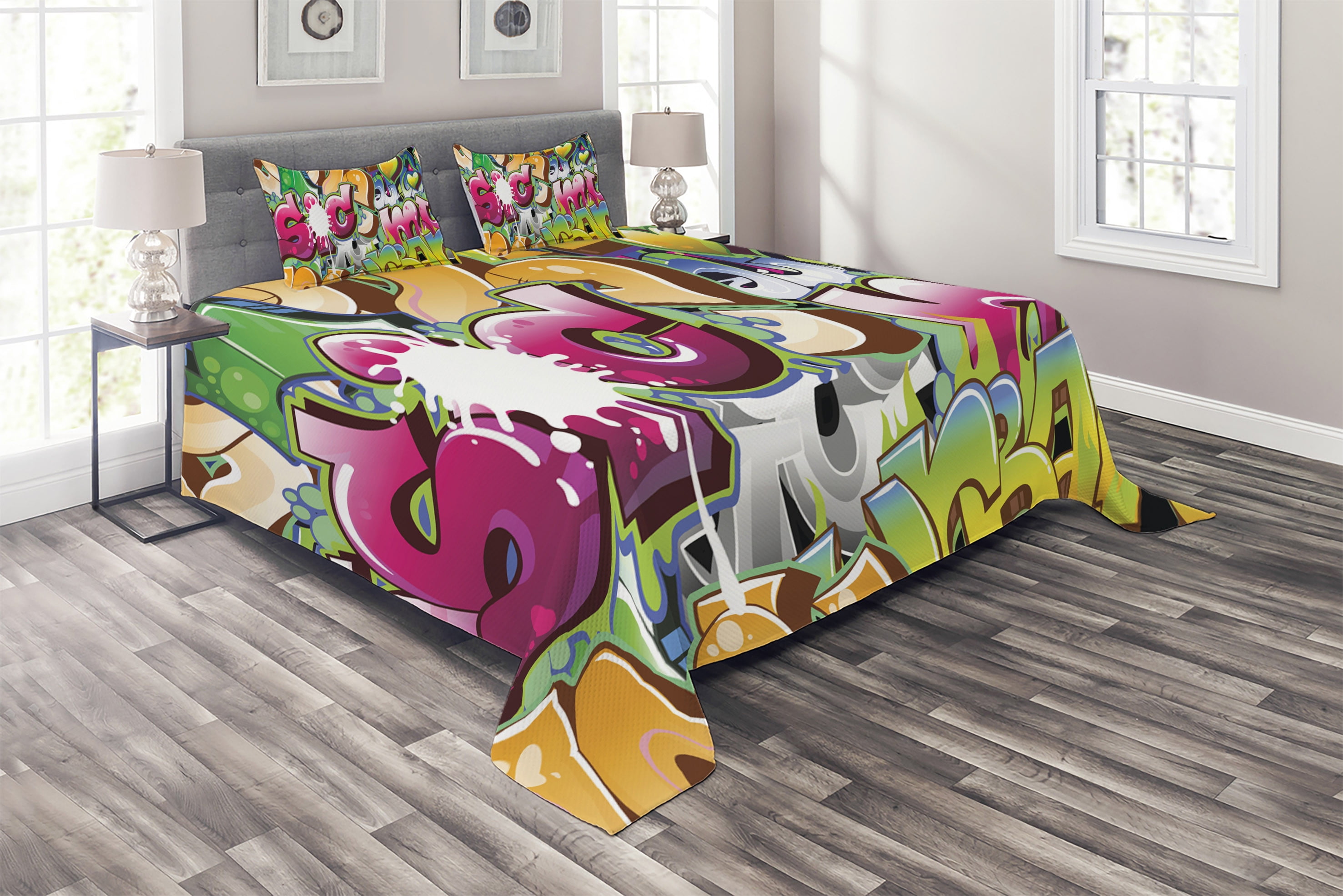 Ambesonne Urban Graffiti Quilted Coverlet 3 Pcs, Throwie Style, King ...