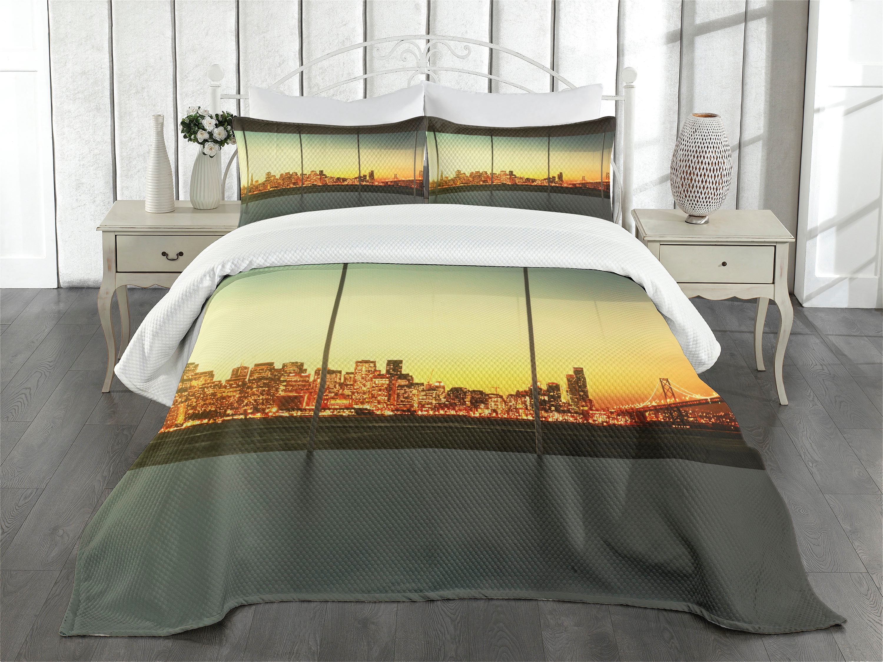 Ambesonne Urban Quilted Bedspread Set 3 Pcs, Empty Office Sunset View ...