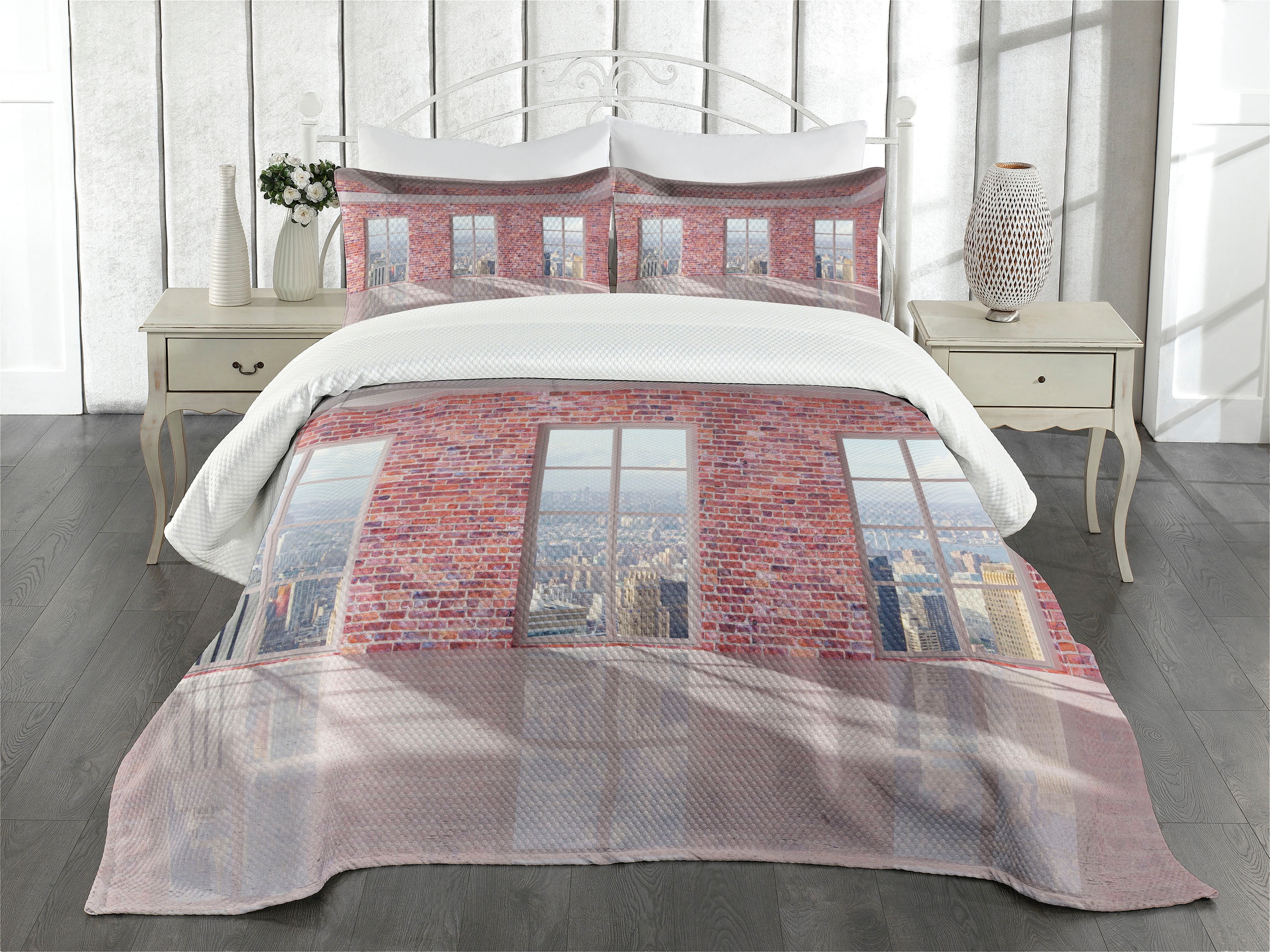 Ambesonne Urban Quilted Bedspread Set 3 Pcs, Red Brick Wall Loft City ...