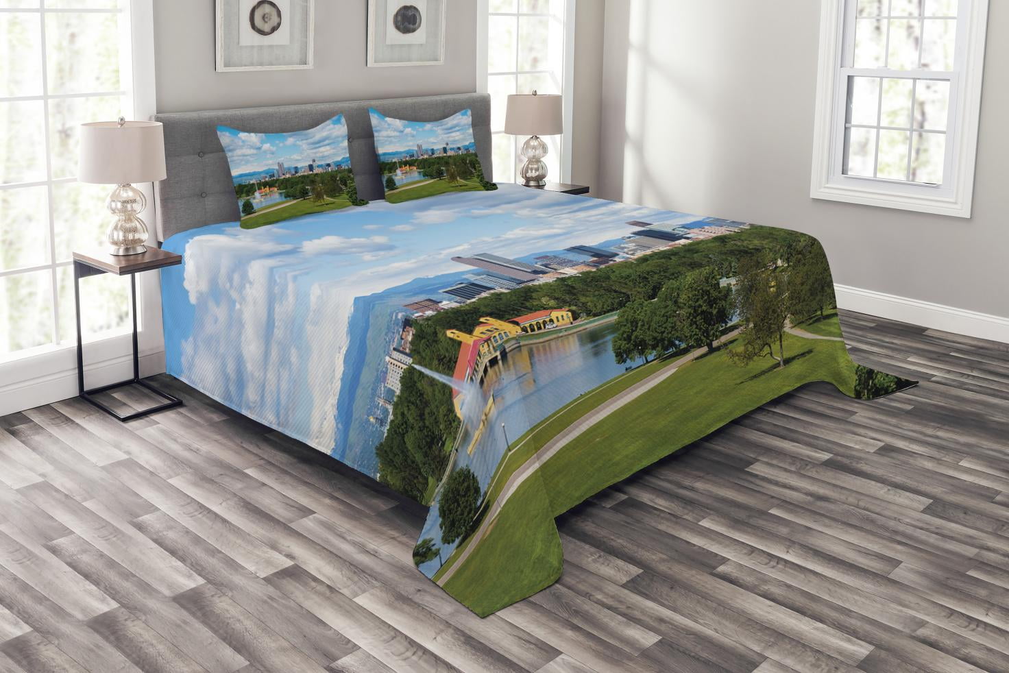 Ambesonne Urban Quilted Bedspread Set 3 Pcs, Sunny City Park at Denver ...