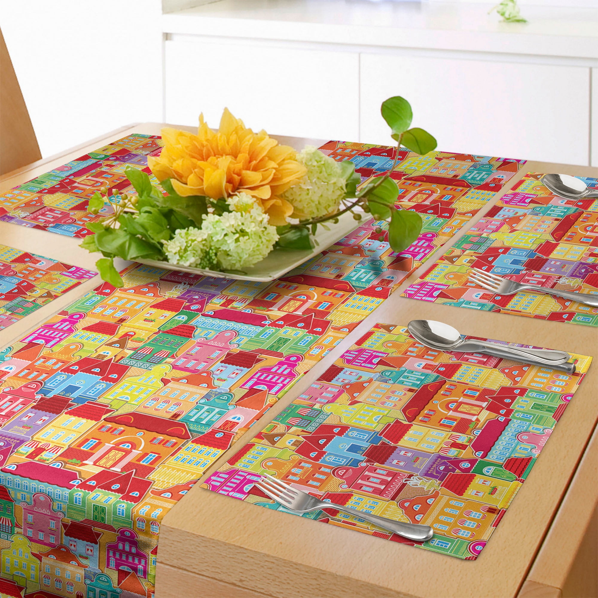 Ambesonne Urban Table Runner & Placemats, Colorful Houses, Placemat 4 ...